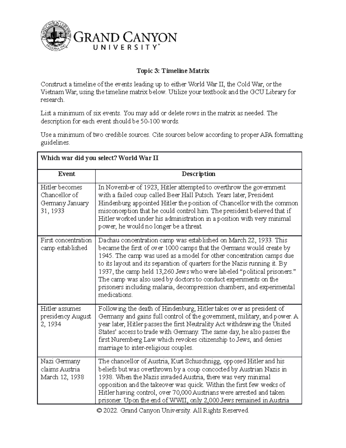 GOV-210 Topic 3 Timeline 1 4 22 - Topic 3: Timeline Matrix Construct a ...