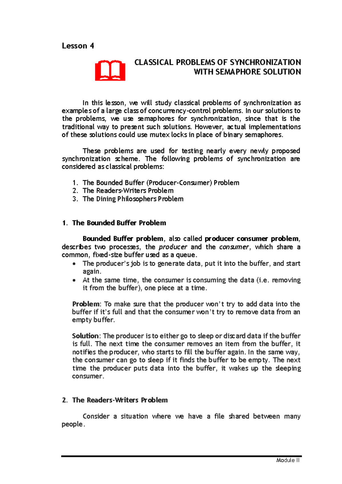 Classical Problems on Synchronization - Lesson 4 In this lesson, we will study classical ...