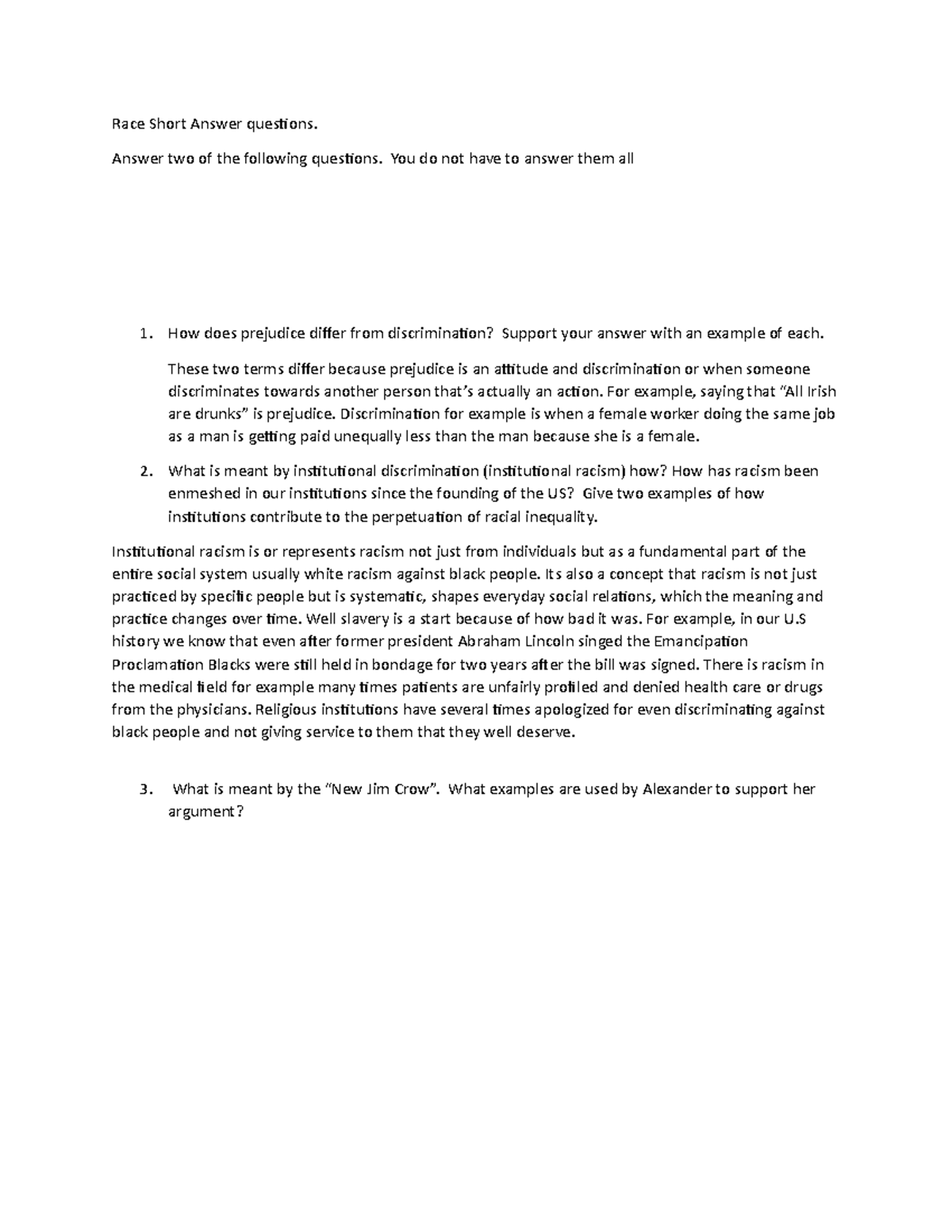 Race Short Answer questions - Answer two of the following questions ...