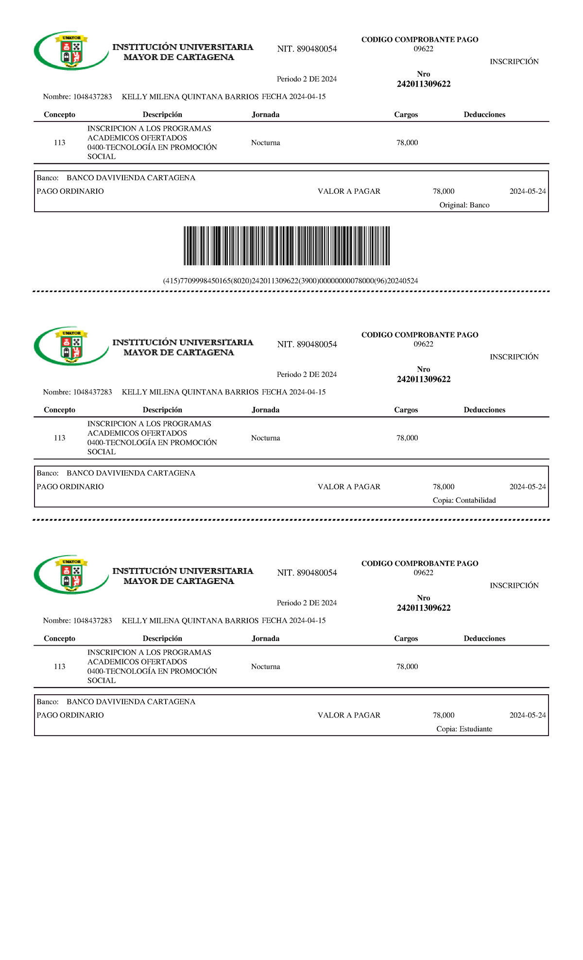 Comprobante Inscripcion 1048437283 - NIT. 890480054 CODIGO COMPROBANTE ...