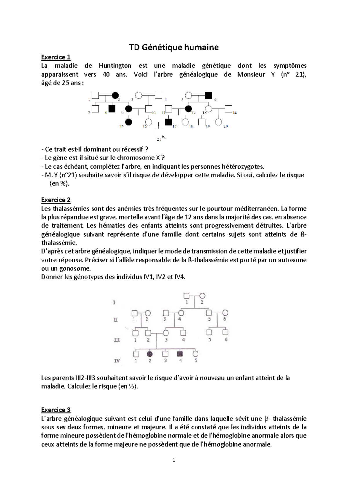 TD GÃ©n Ã©tique humaine 1-3 2023-2024 - TD Génétique humaine Exercice 1 La maladie de Huntington ...