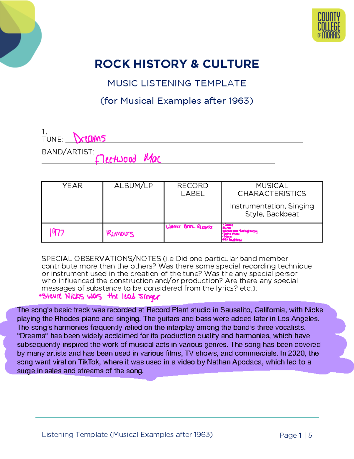 Listening Template (Musical Examples after 1963) - ROCK HISTORY ...