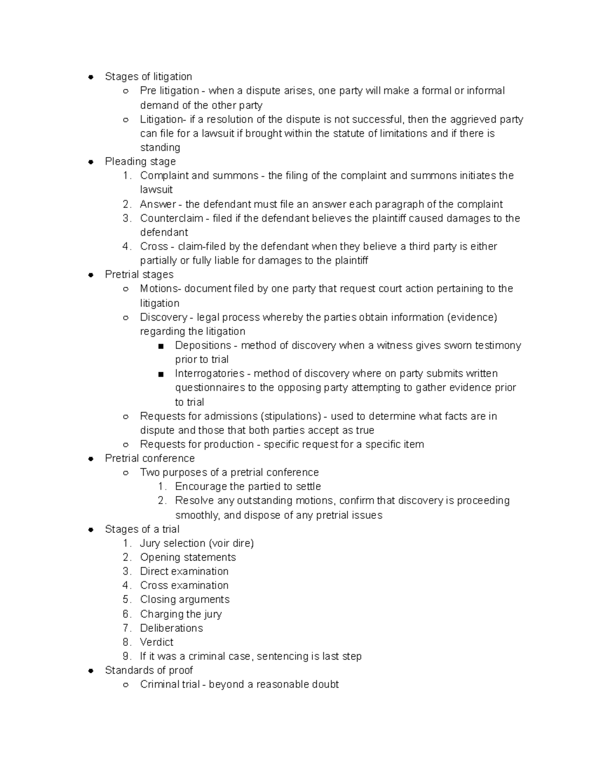 Chapter 4 - Class Notes - Stages of litigation Pre litigation - when a ...