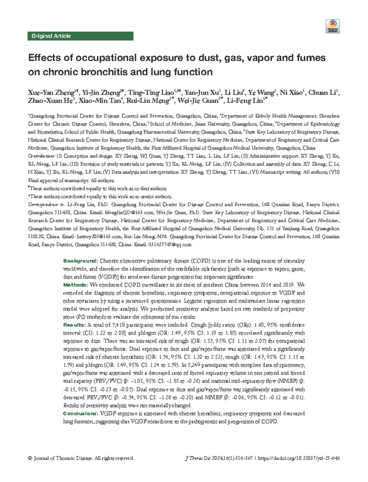 Effets of occupational exposure to dust, gas, vapor and fumes on chrnic ...