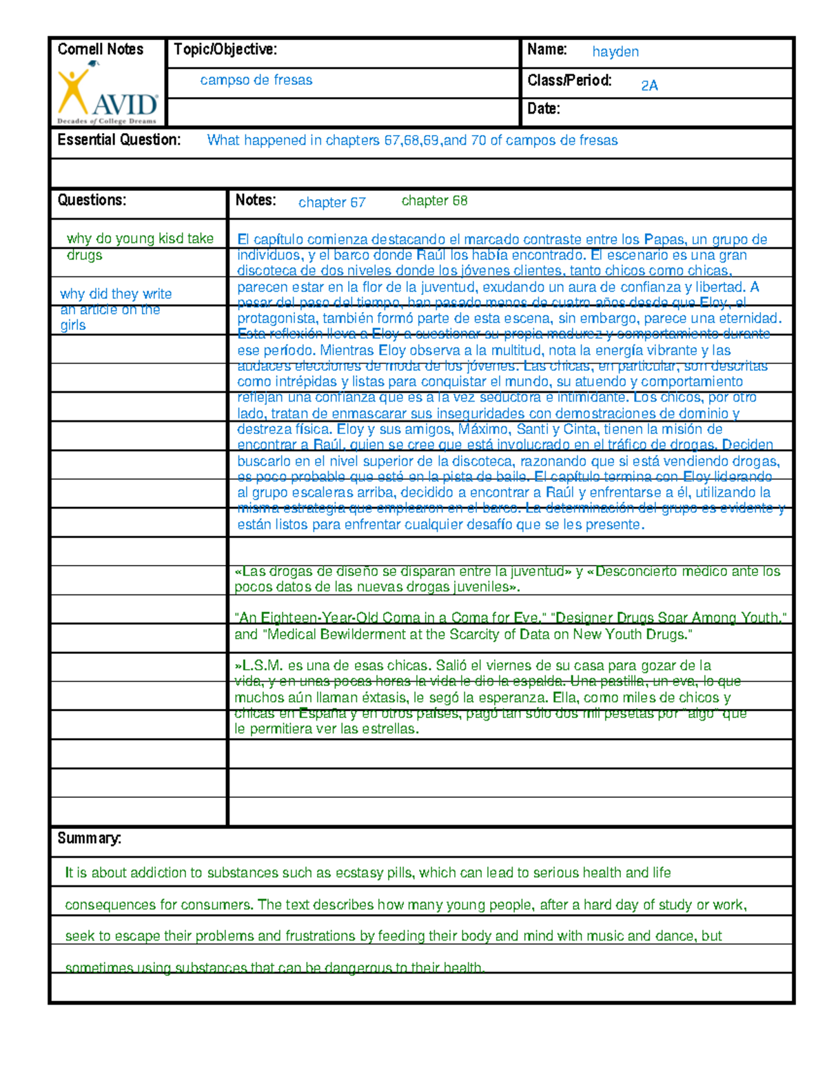 Spanish Cornell Notes - pages 67, 68, 69 - Cornell Notes Topic ...