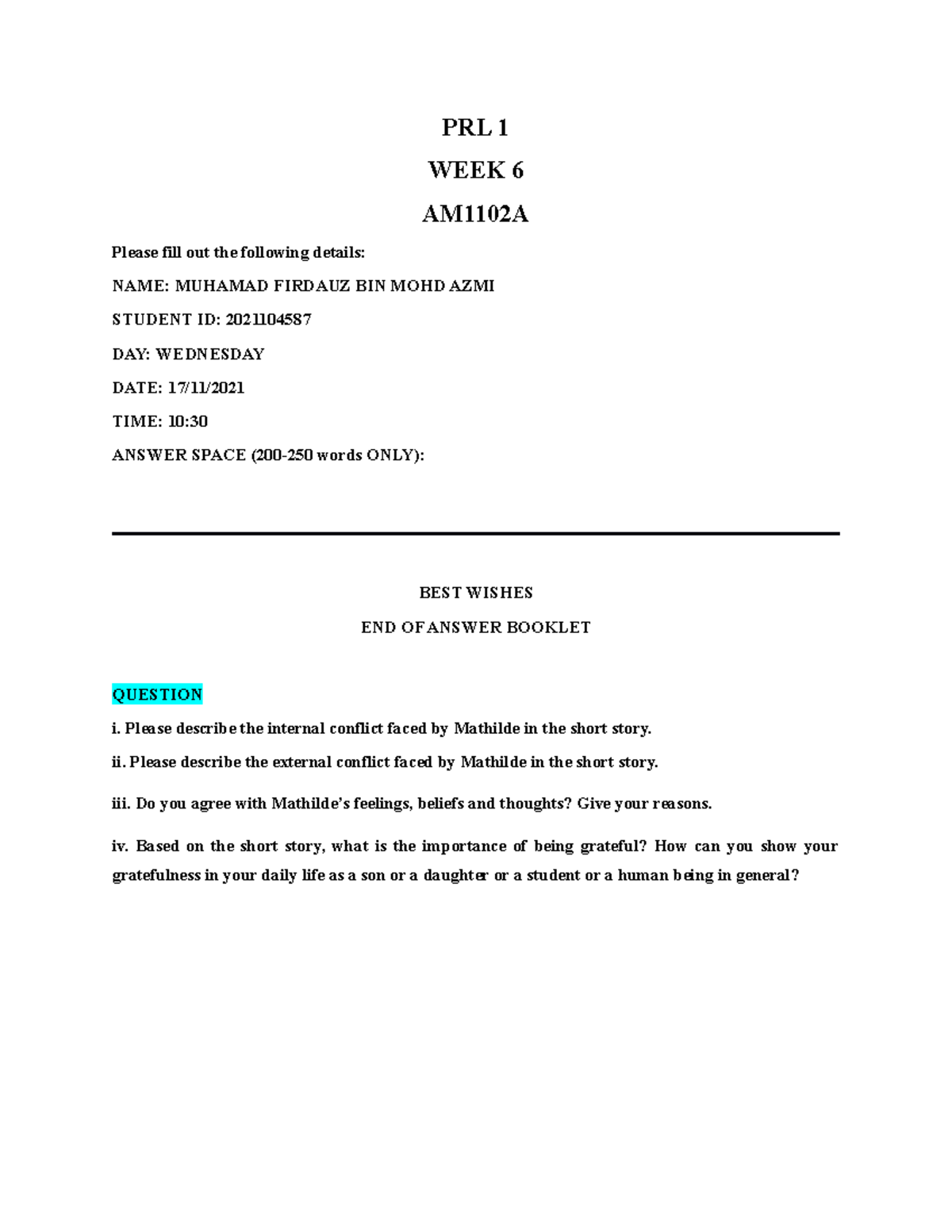 PRL 1 AM1102A Answer Booklet - PRL 1 WEEK 6 AM1102A Please fill out the ...
