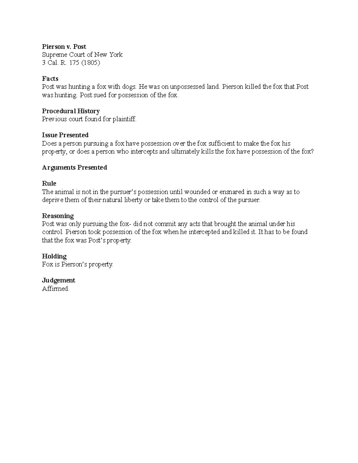 Pierson v. Post - Case brief. - Pierson v. Post Supreme Court of New ...