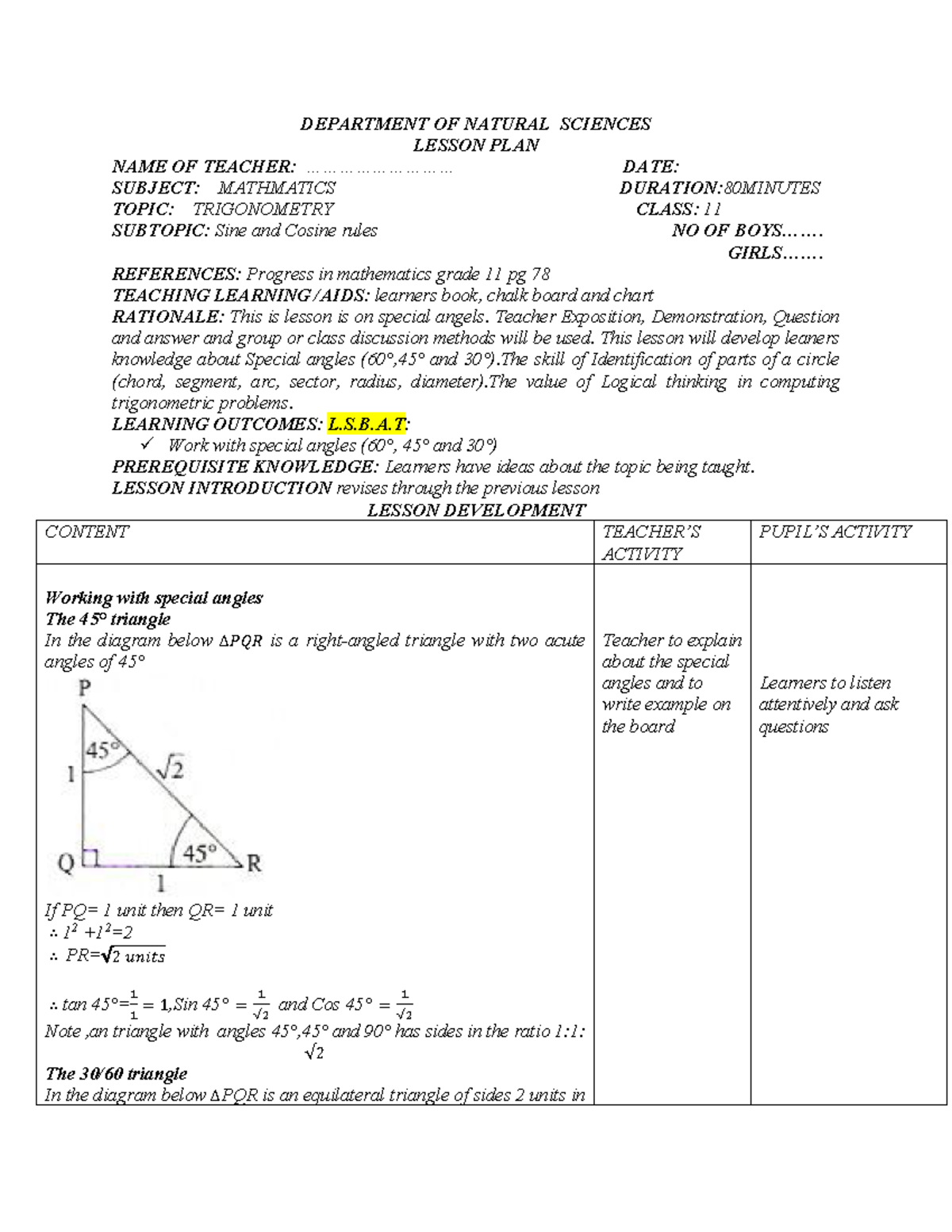 Output - Mathematics - DEPARTMENT OF NATURAL SCIENCES LESSON PLAN NAME ...
