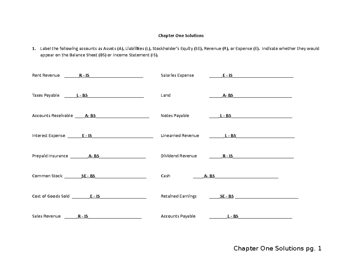 Additional Problems Chapter One - Solutions - Updated - Chapter One Solutions Label the ...