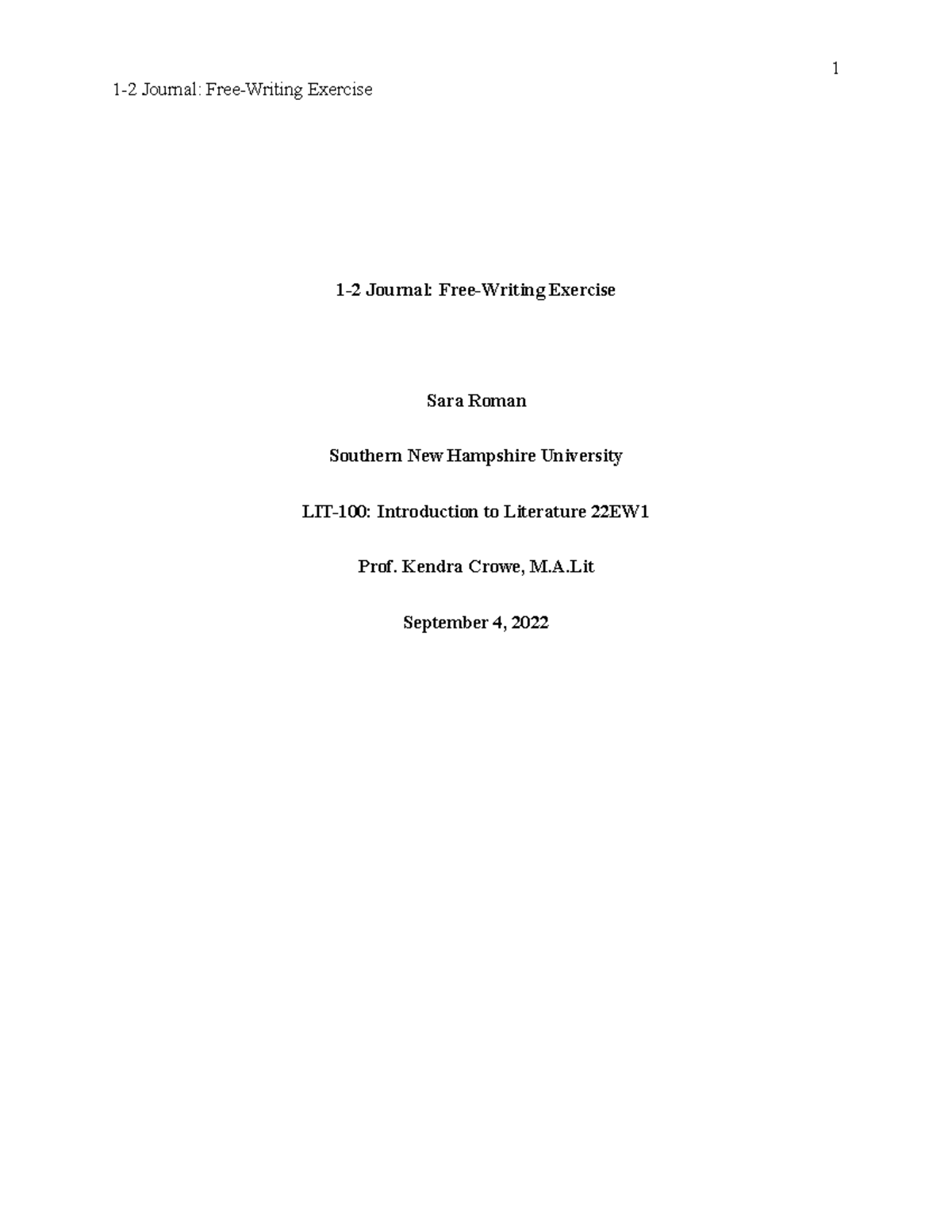 1-2Journal - Journal for introduction to literature, Southern New Hampshire University - 1 1-2 ...