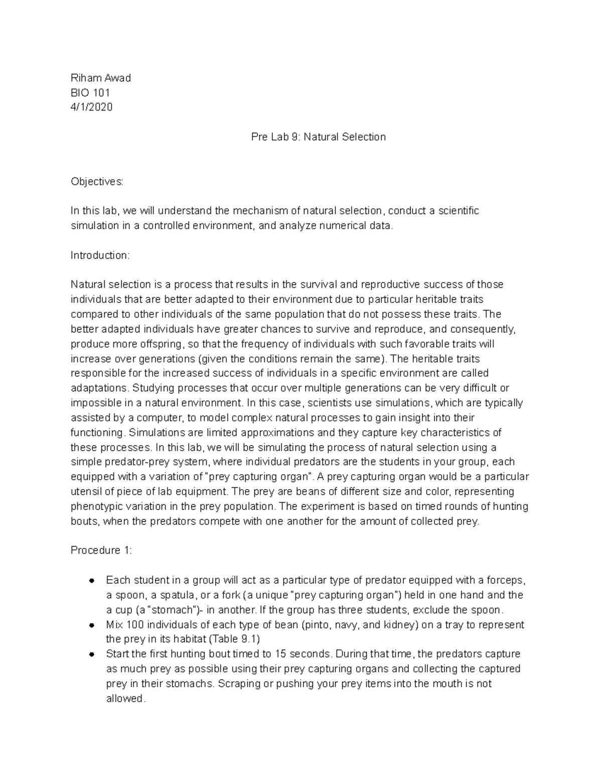 Pre Lab 9 - Pre-laboratory notes on experiment instructions - Riham ...
