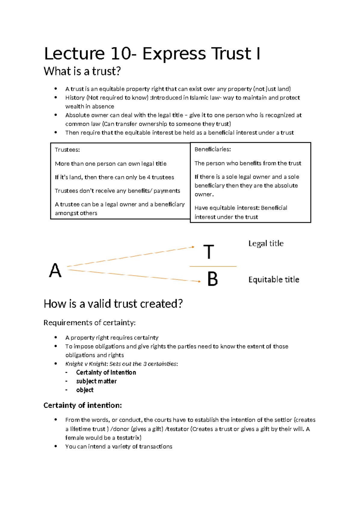 Lecture 10- Express Trusts I - Lecture 10- Express Trust I What is a trust? A trust is an - Studocu