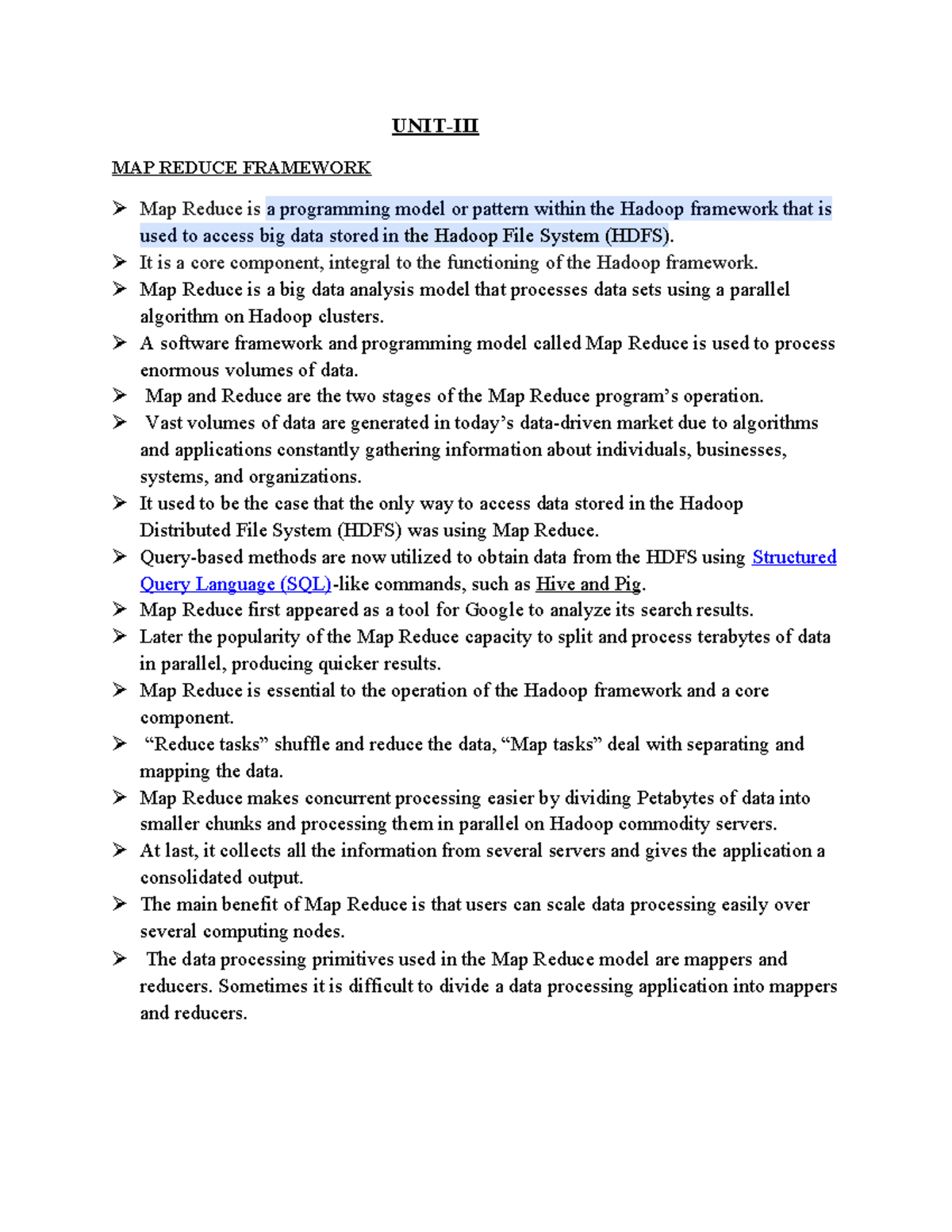 UNIT-III Bigdata Analytics - UNIT-III MAP REDUCE FRAMEWORK Map Reduce is a programming model or ...