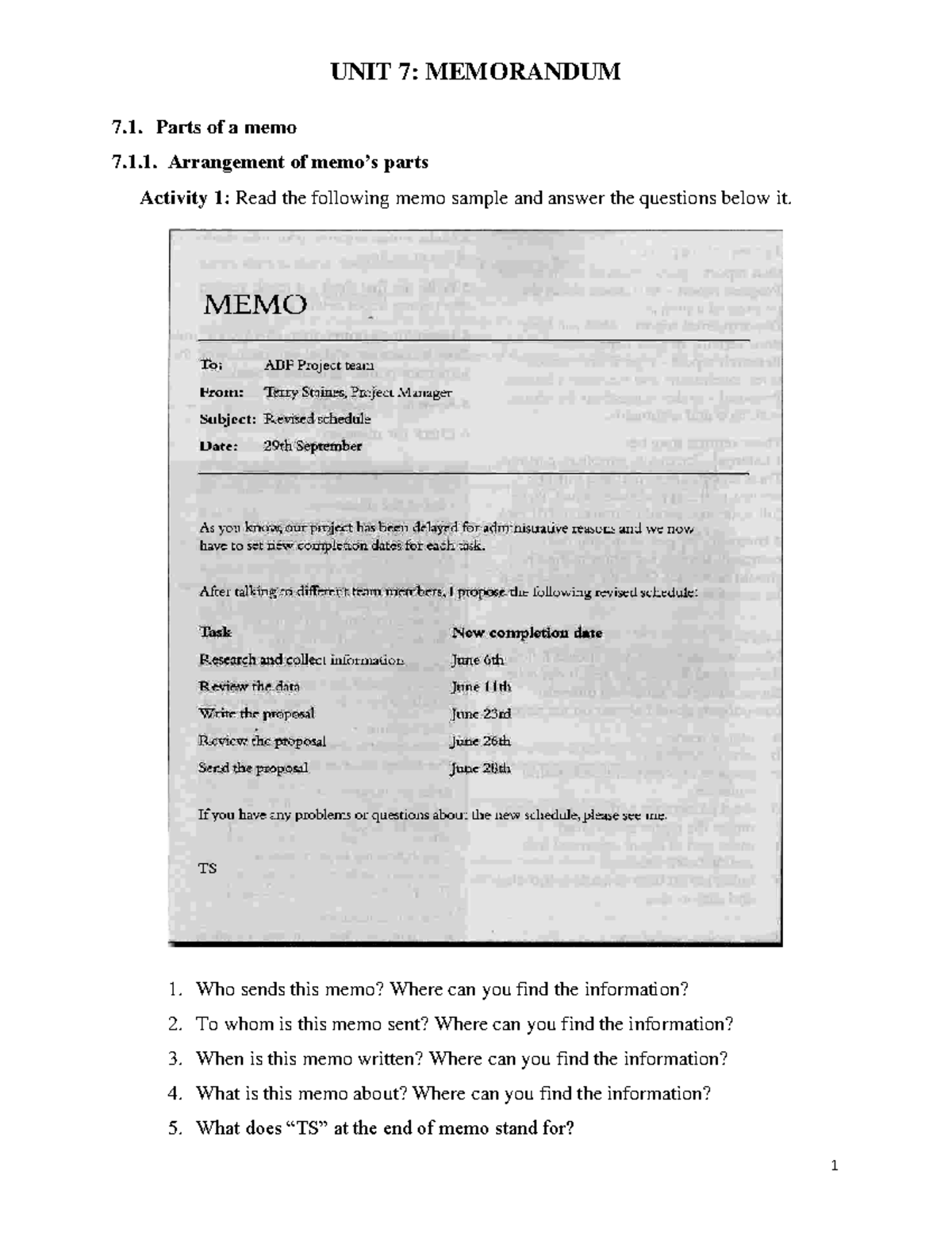 UNIT 7- Memos - YUIYIGG - UNIT 7 : MEMORANDUM 7. Parts of a memo 7.1 ...