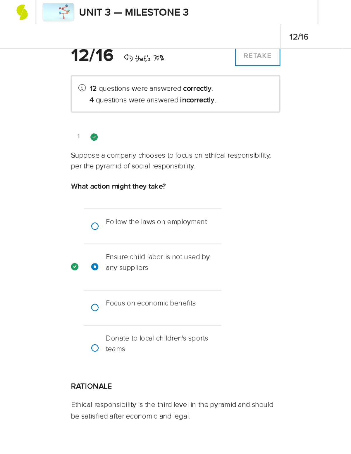 Sophia Unit 3 MS 3 - 1 12 / 16 that's 75% RETAKE 12 questions were ...