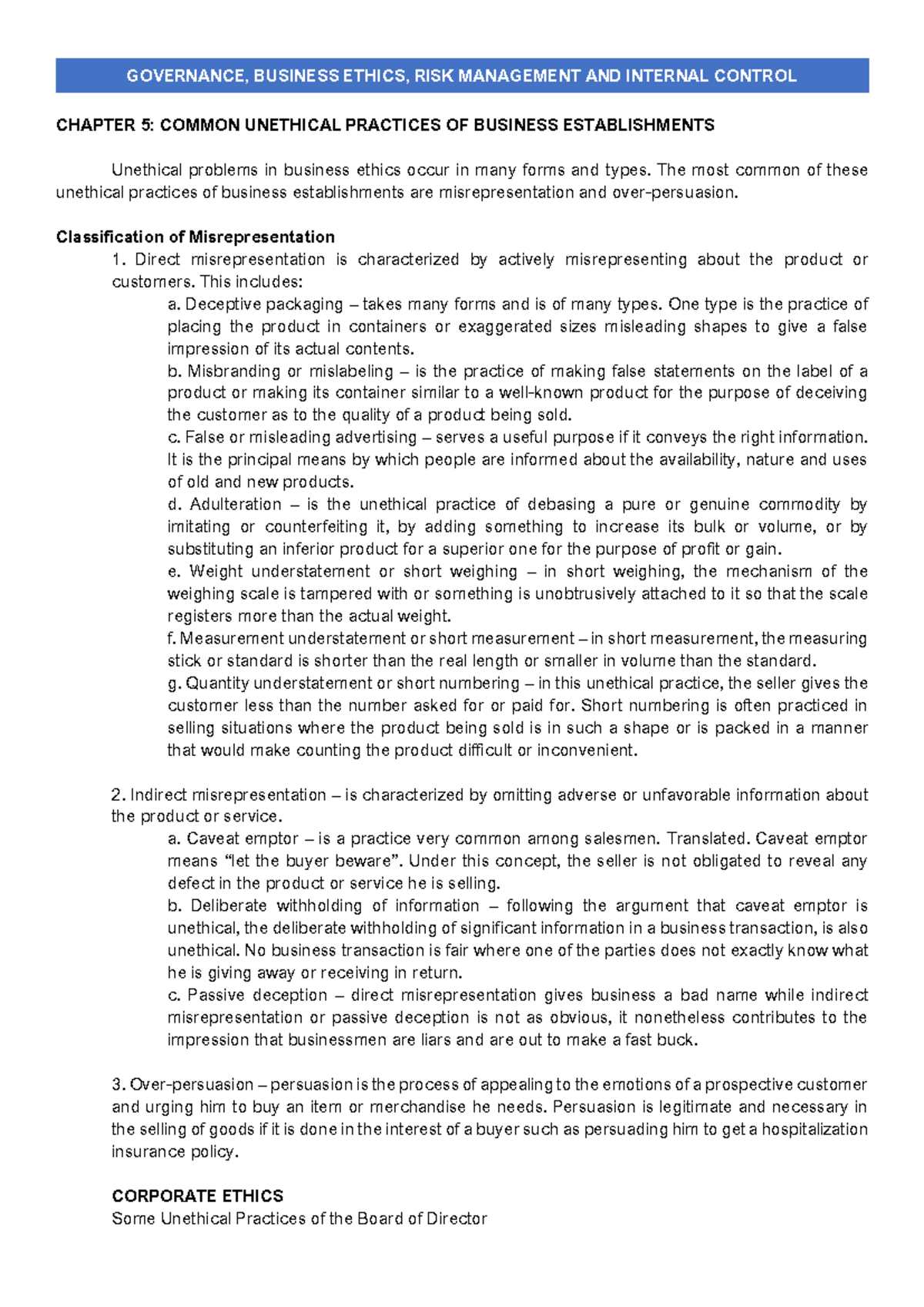 Chapter 5 - Governance, Business Ethics, Risk Management and Internal ...