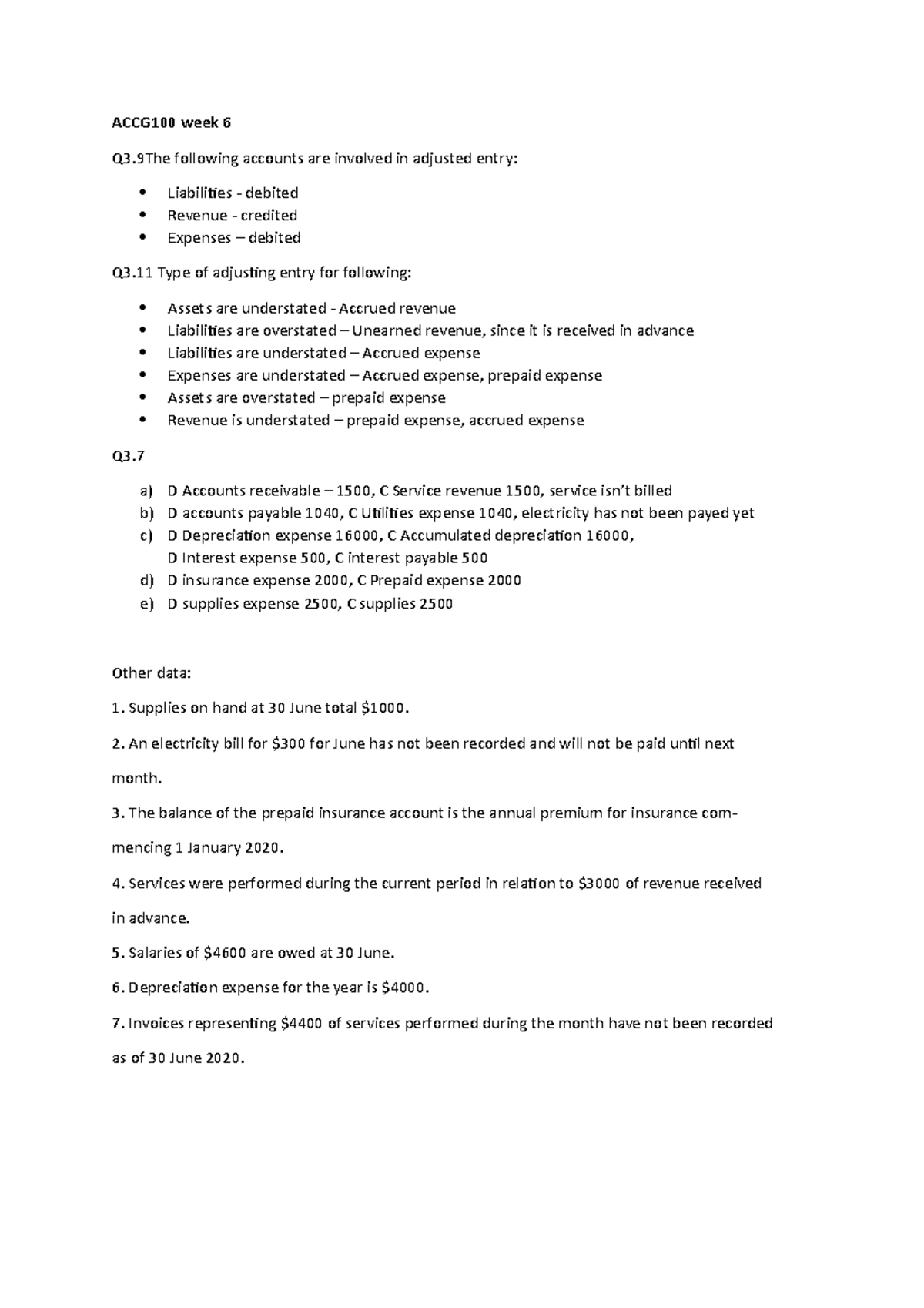 Accounting week 6 hw - ACCG100 week 6 Q3 following accounts are ...