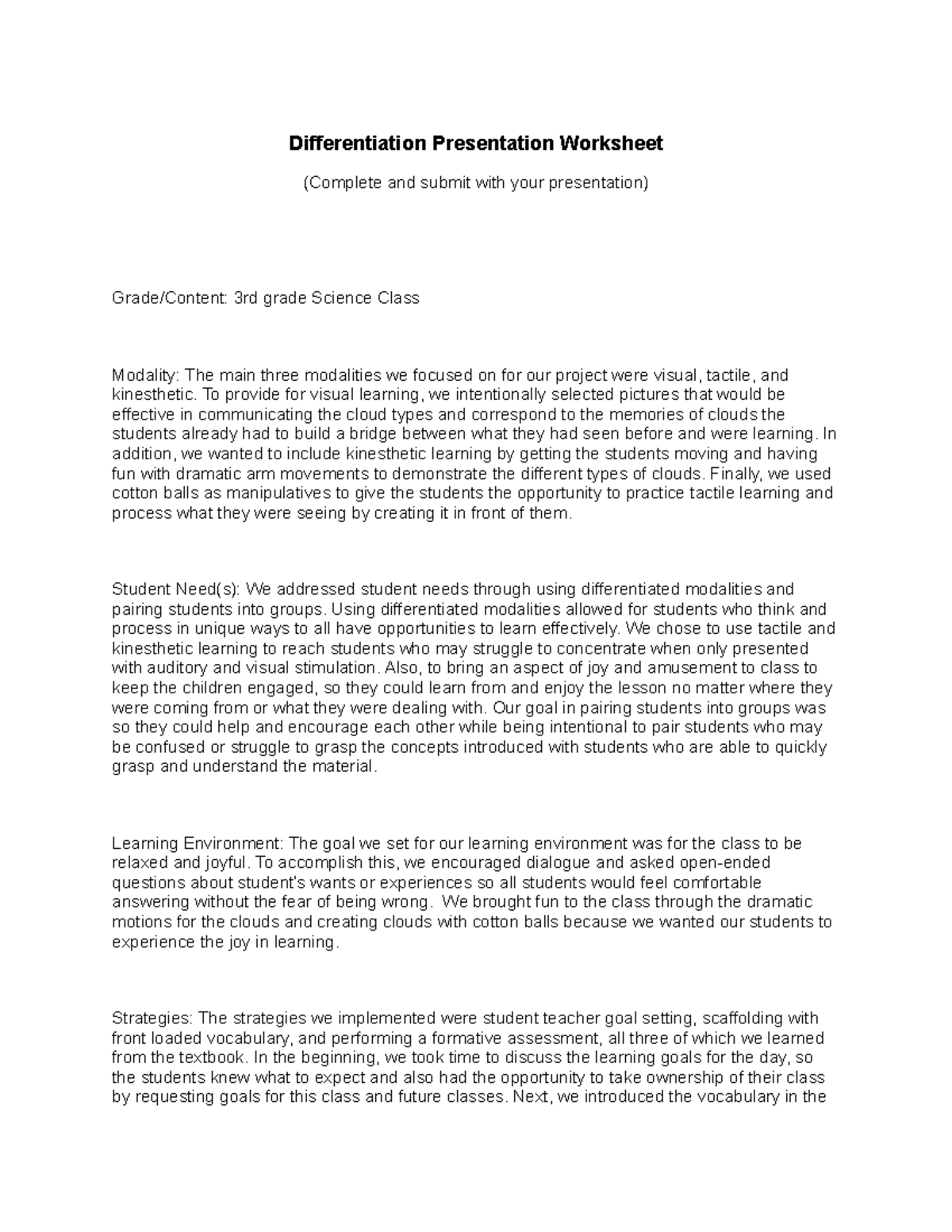 Educ-299 project - Differentiation Presentation Worksheet (Complete and ...