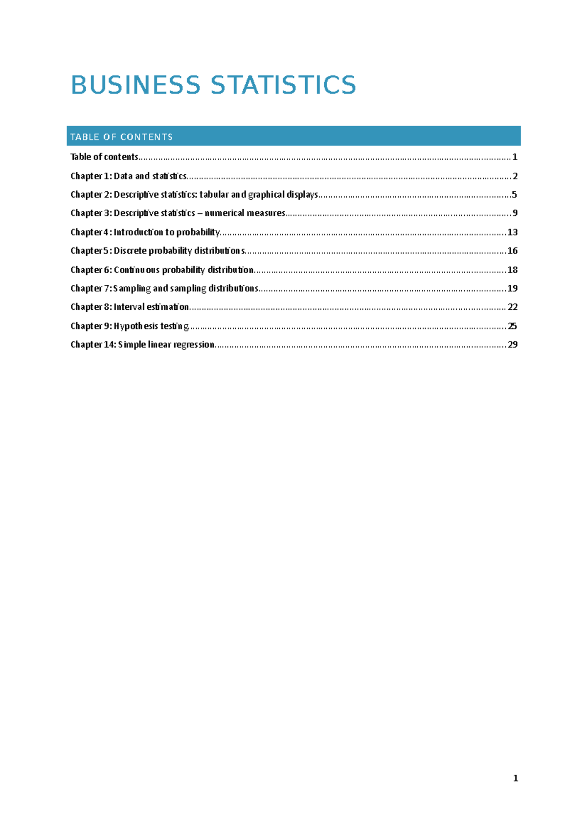 Business Statistics - Summary - BUSINESS STATISTICS Table of - Studocu