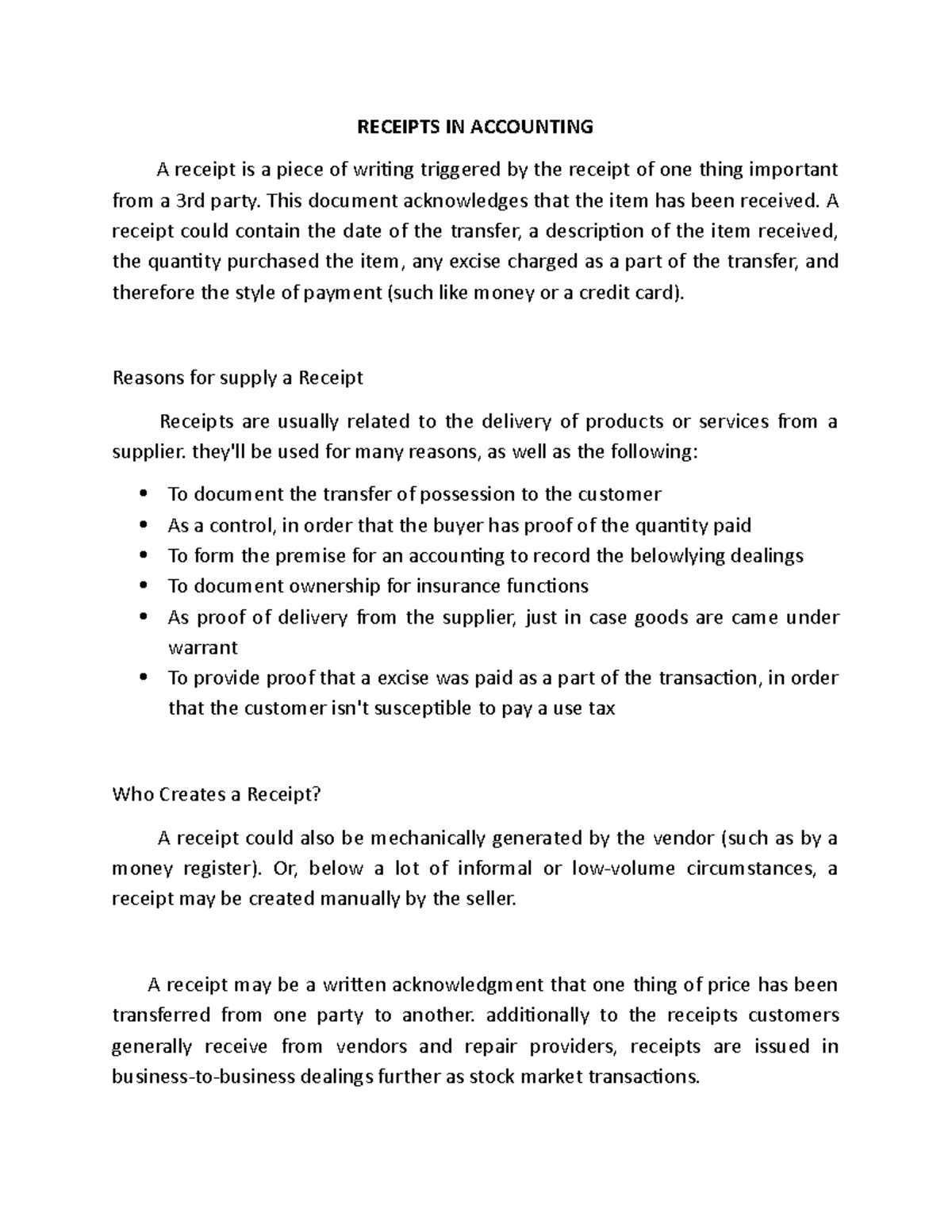 Receipts IN Accounting - RECEIPTS IN ACCOUNTING A receipt is a piece of ...