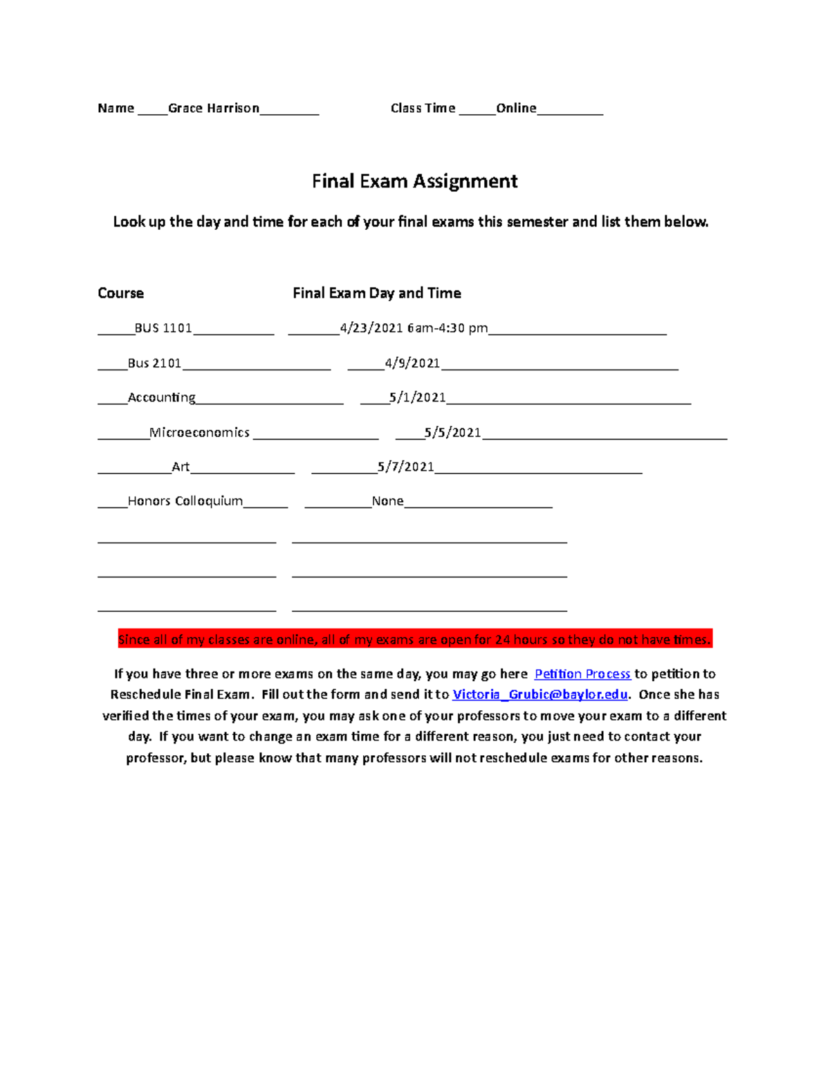 Final Exam Assignment - Review - Name Grace Harrison____ Class Time ...