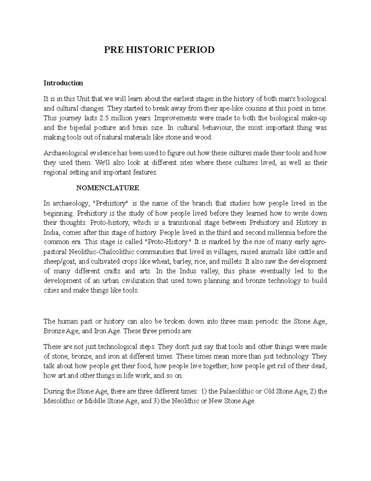 PRE Historic Period - Lecture notes 7 - PRE HISTORIC PERIOD ...