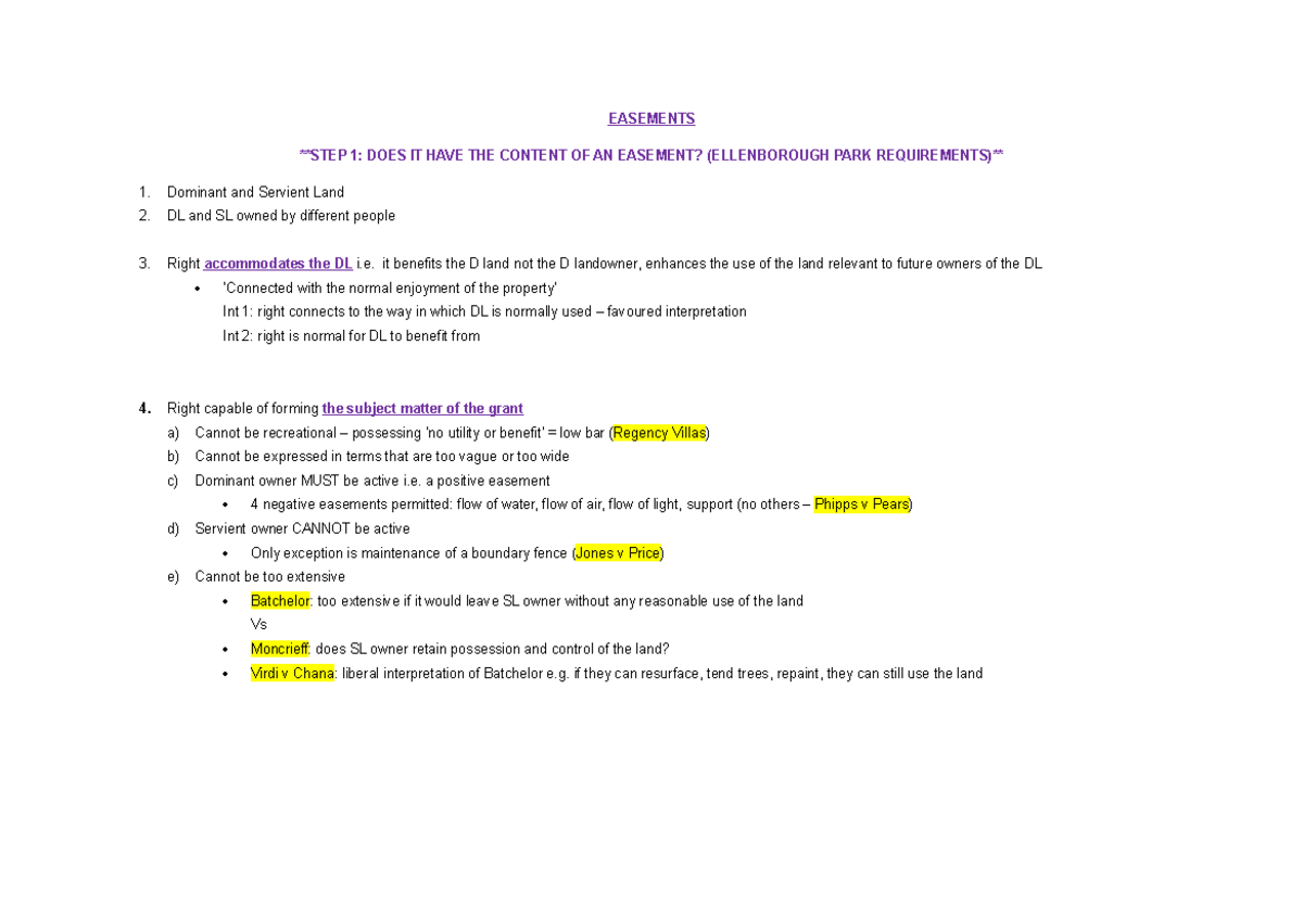 Easements Flowchart - Summary Land Law - EASEMENTS 1: DOES IT HAVE THE ...
