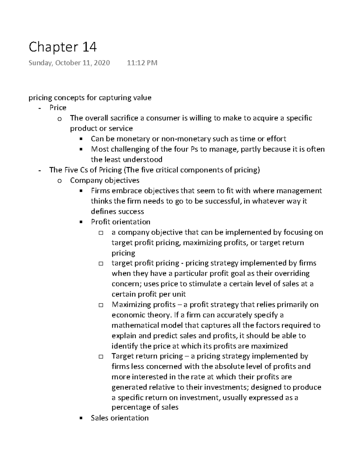 Chapter 14 - Marketing - pricing concepts for capturing value Price The ...