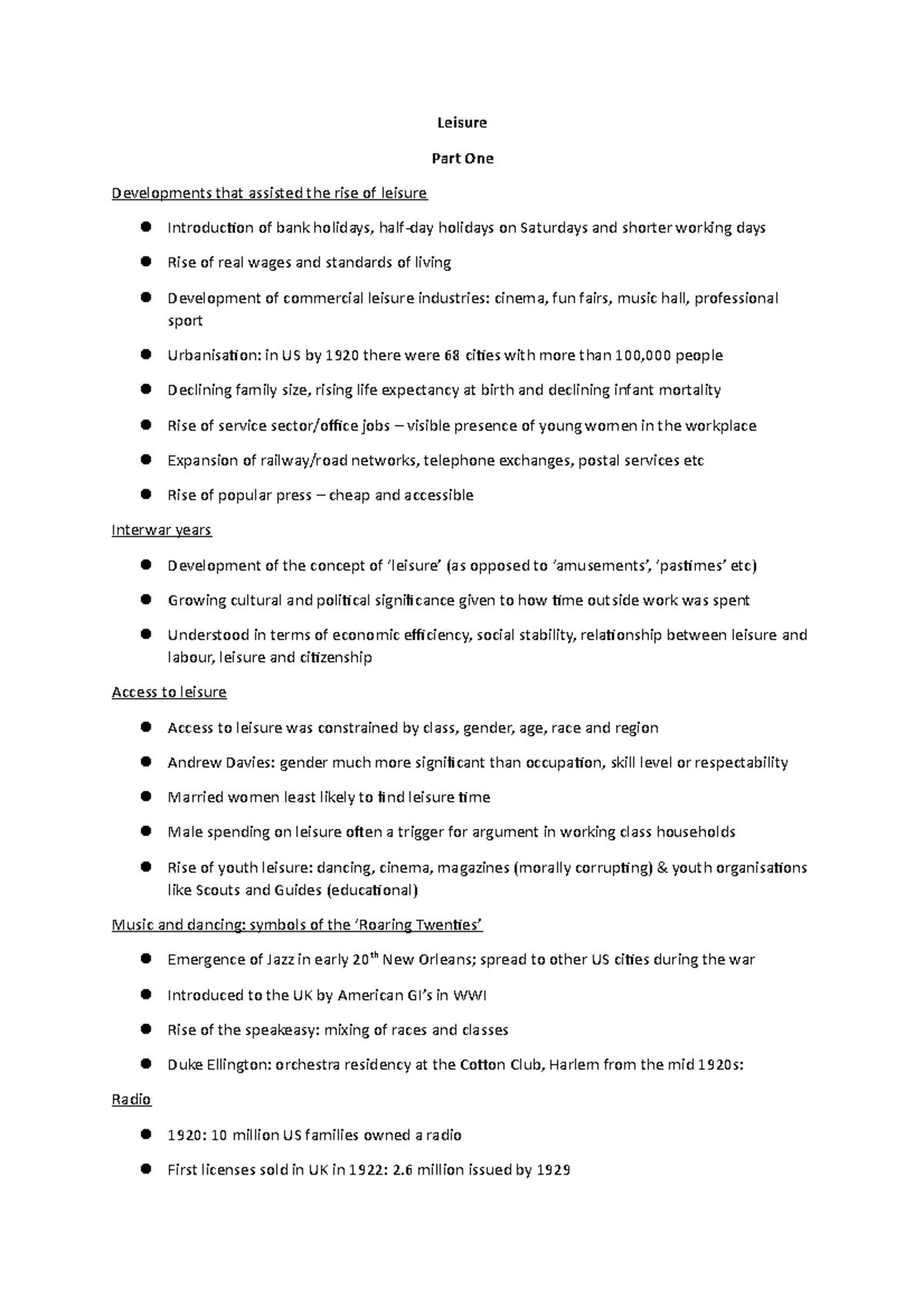 Leisure - Lecture notes 6 - Leisure Part One Developments that assisted ...
