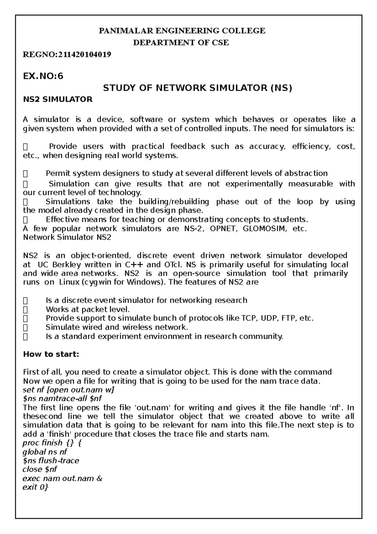 6 Study of Network Simulator (NS) - DEPARTMENT OF CSE REGNO: EX: STUDY OF NETWORK SIMULATOR (NS ...