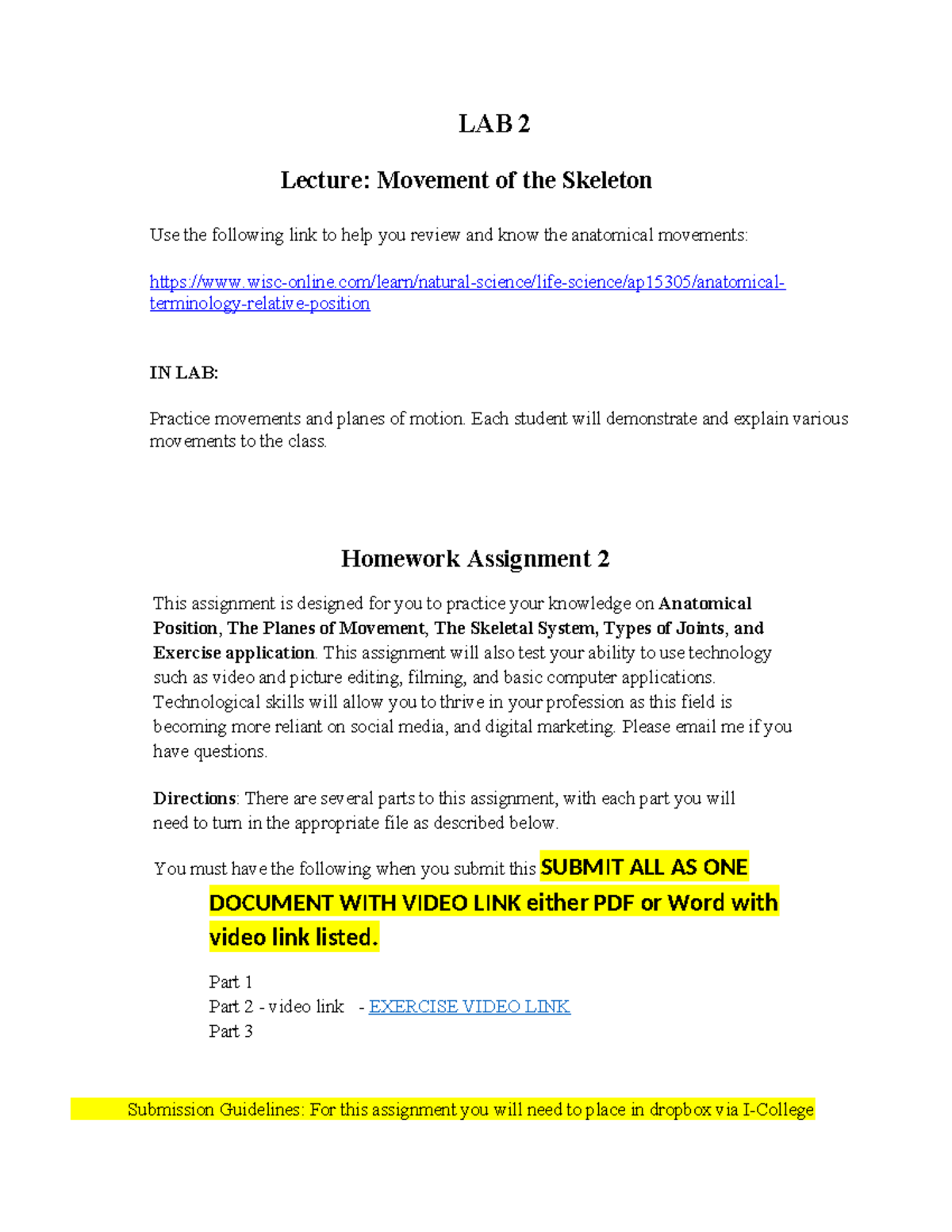 Lab 2 rev. 11.2022 - ANATOMY LAB - LAB 2 Lecture: Movement of the ...