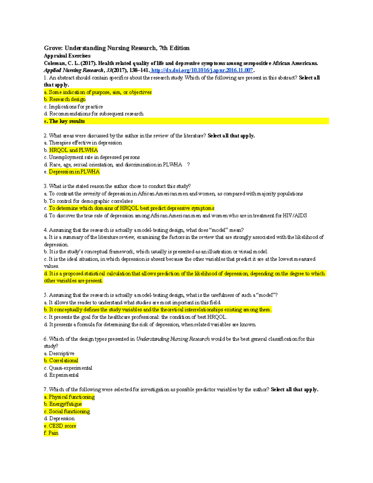 Coleman quiz - Article critiques with matching quiz - Grove ...