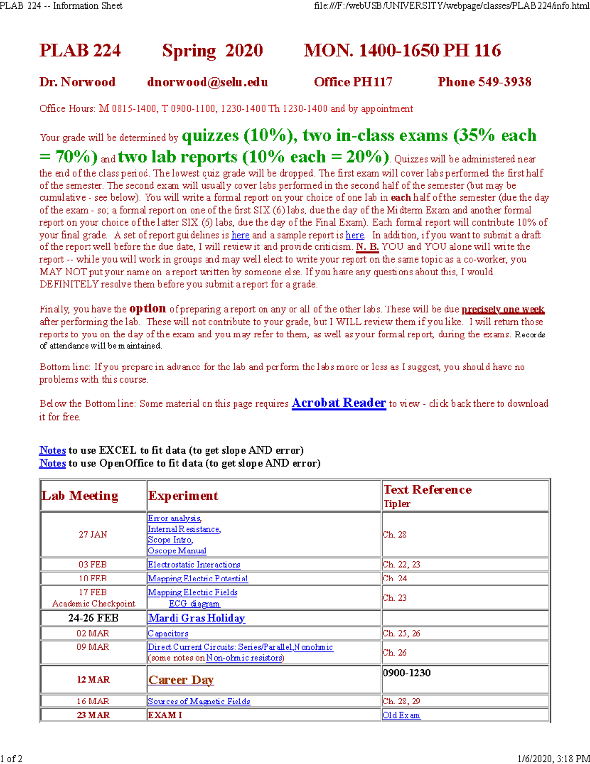 S20 PLAB224 course information - PLAB 224 Spring 2020 MON. 1400-1650 PH ...