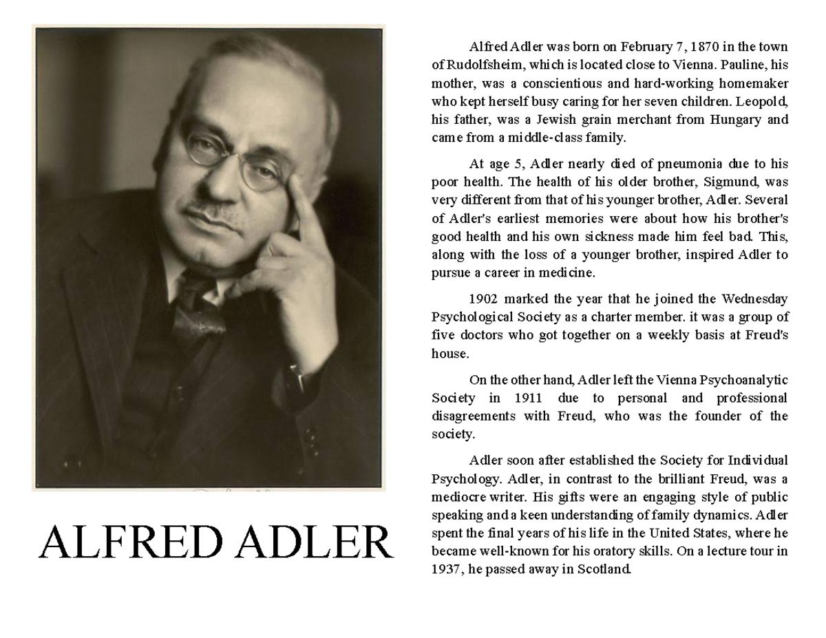 Alfred- Adler - ALFRED ADLER Alfred Adler was born on February 7, 1870 ...