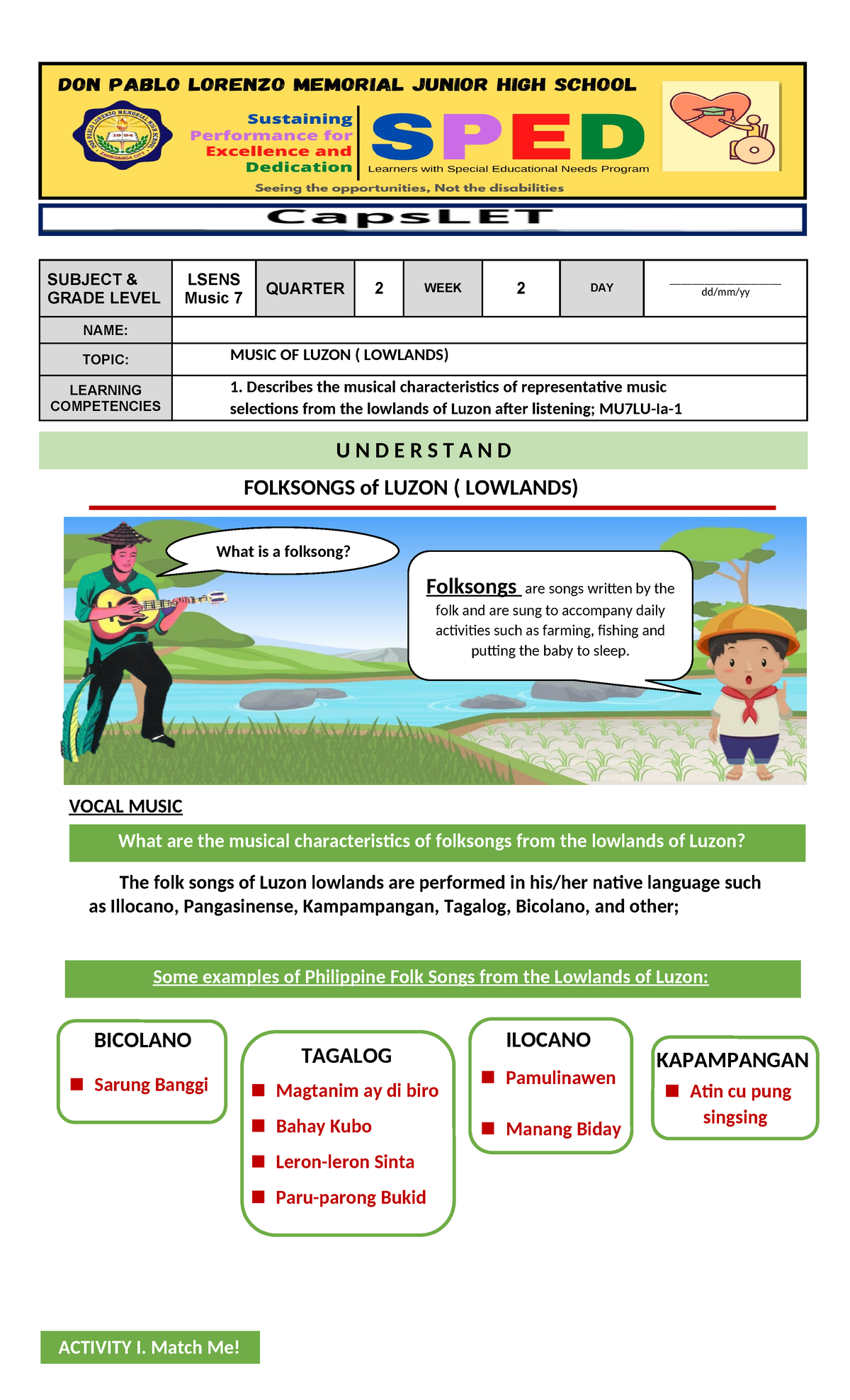 sped activity lesson - SUBJECT & GRADE LEVEL LSENS Music 7 QUARTER 2 ...