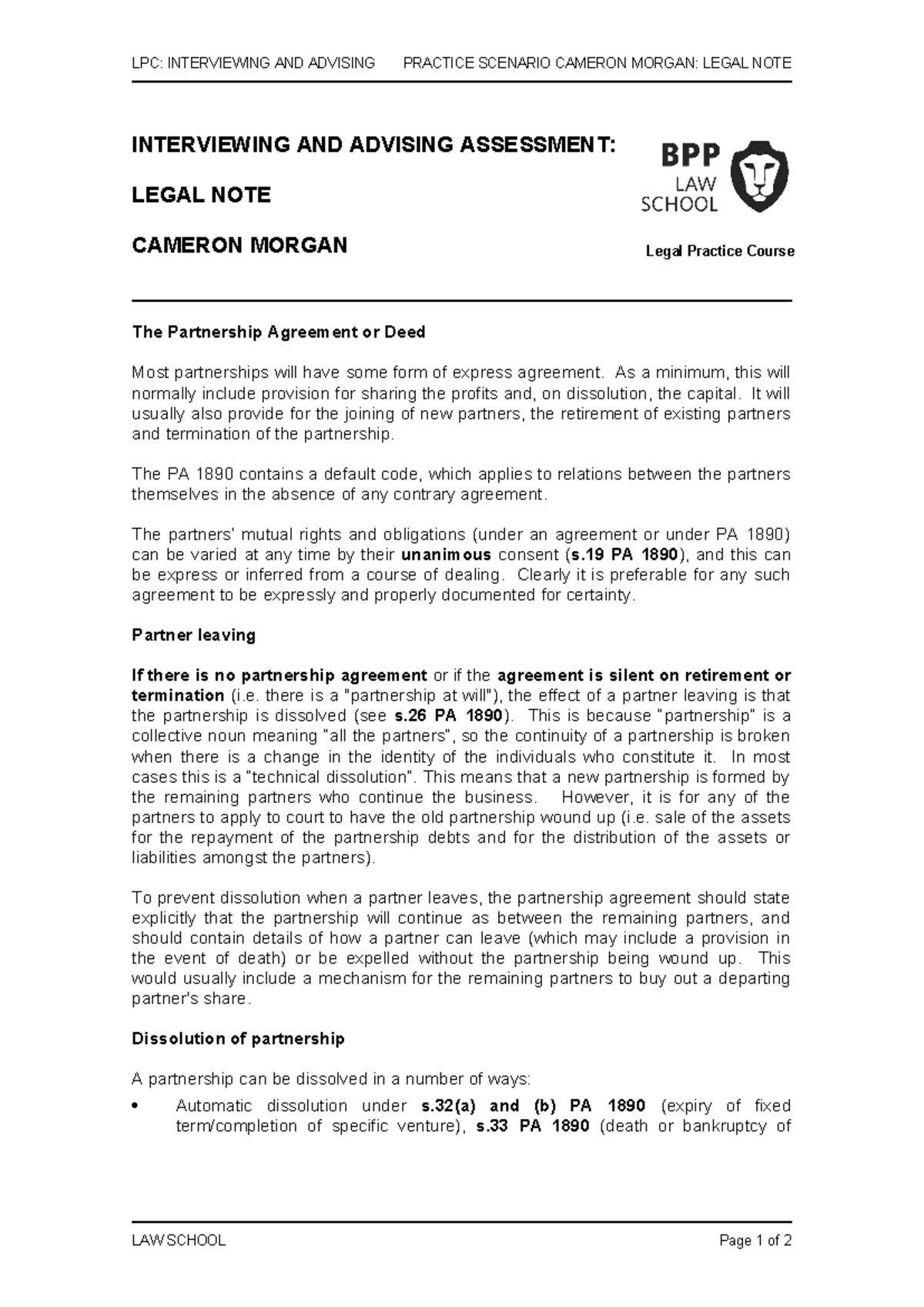Cameron Morgan Legal Note - LPC: INTERVIEWING AND ADVISING PRACTICE ...