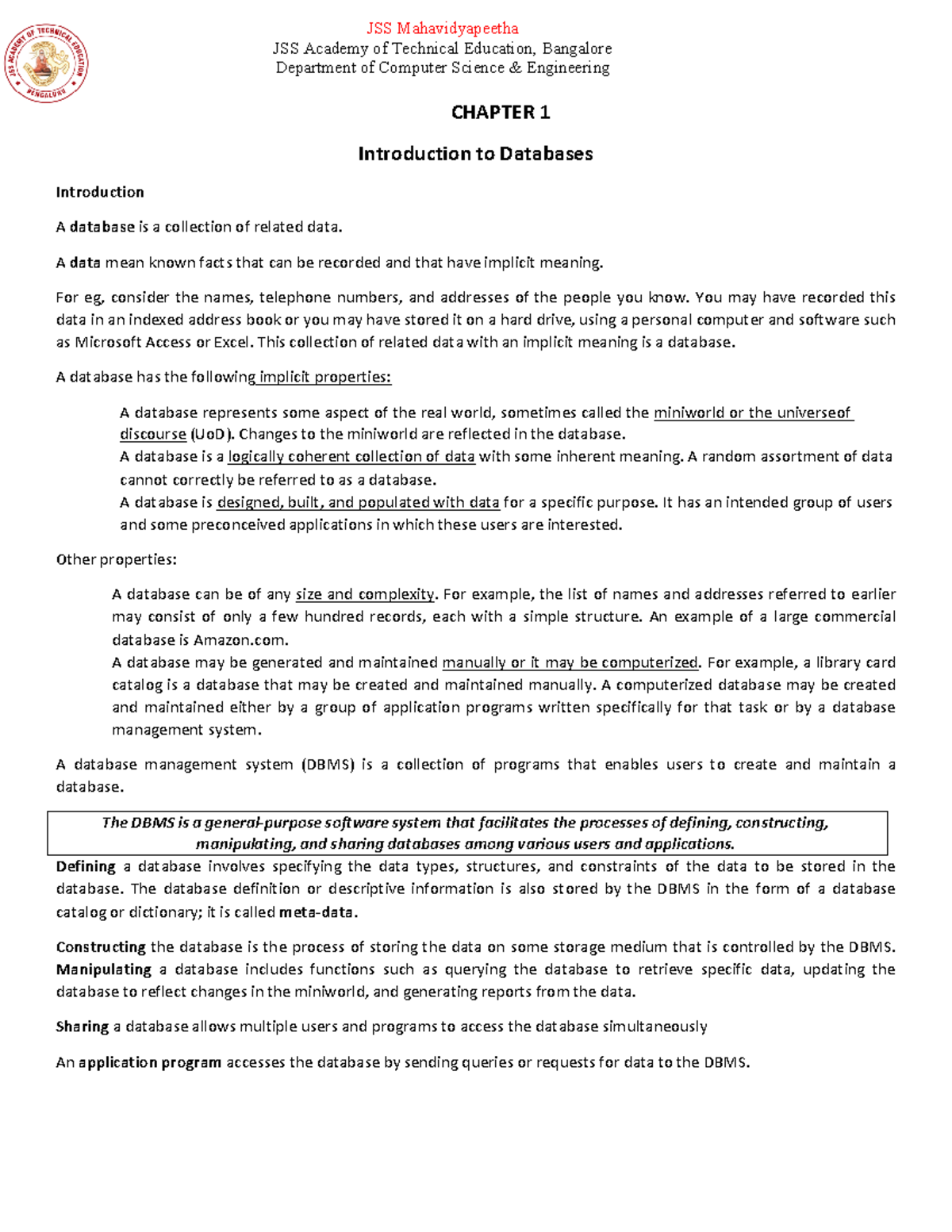 Module 1 DBMS Notes - Material - JSS Academy of Technical Education ...