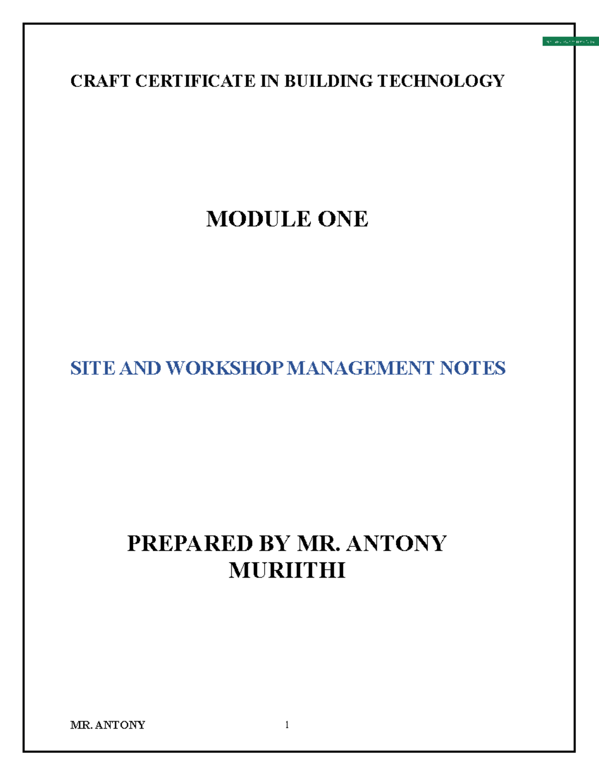 Site one notes - CRAFT CERTIFICATE IN BUILDING TECHNOLOGY MODULE ONE ...