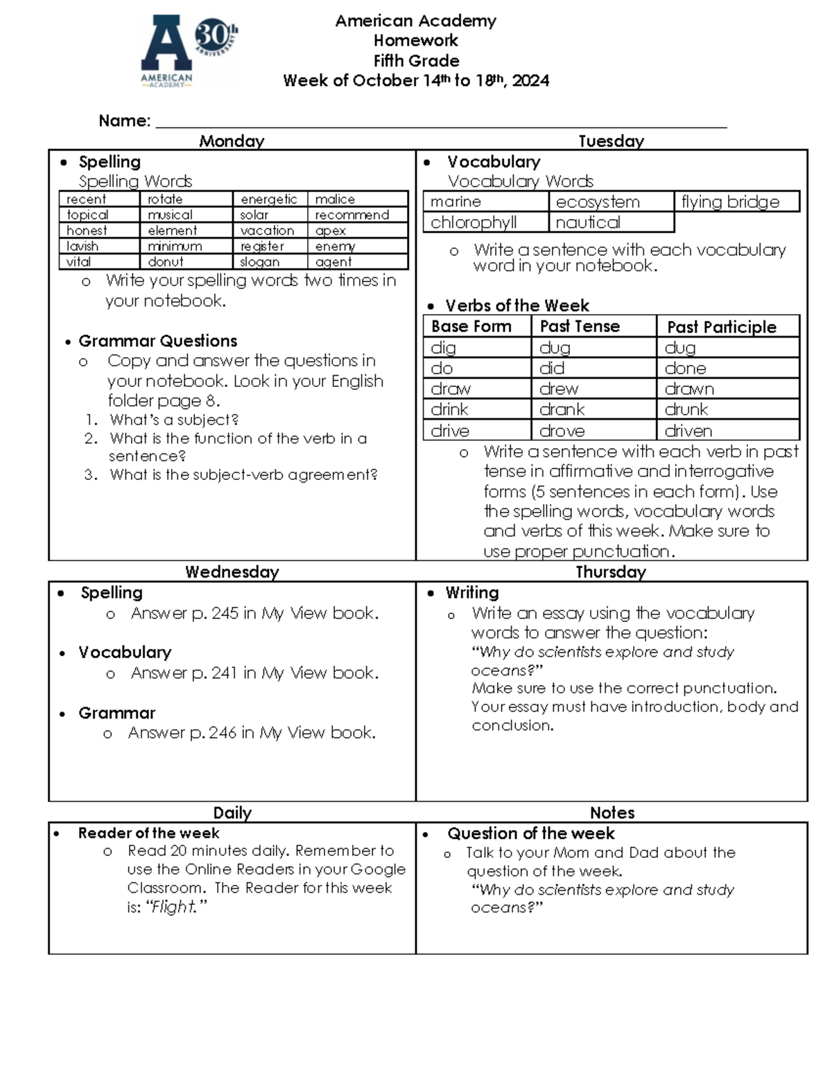 Fifth Grade Homework - mariposa - American Academy Homework Fifth Grade ...