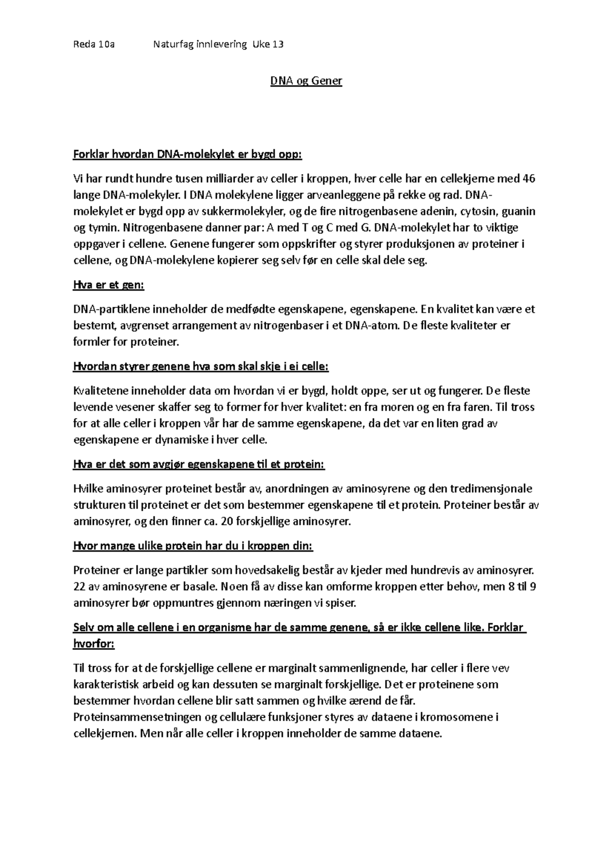 DNA og Gener uke 13 NATURFAG 202100900 - Reda 10a Naturfag innlevering ...