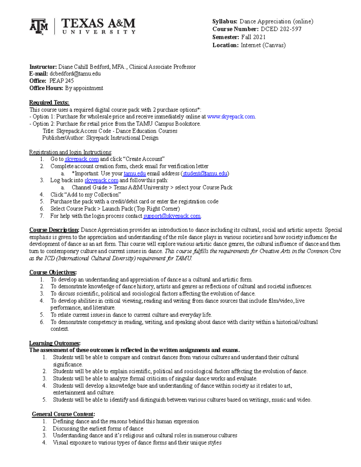 Dance Appreciation Syllabus (DL) Fall 2021 - Syllabus: Dance ...