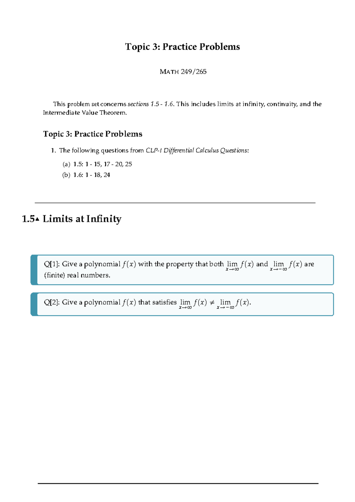 Topic 3 PP - Topic 3: Practice Problems MATH 249/ This problem set concerns sections 1 - 1. This ...