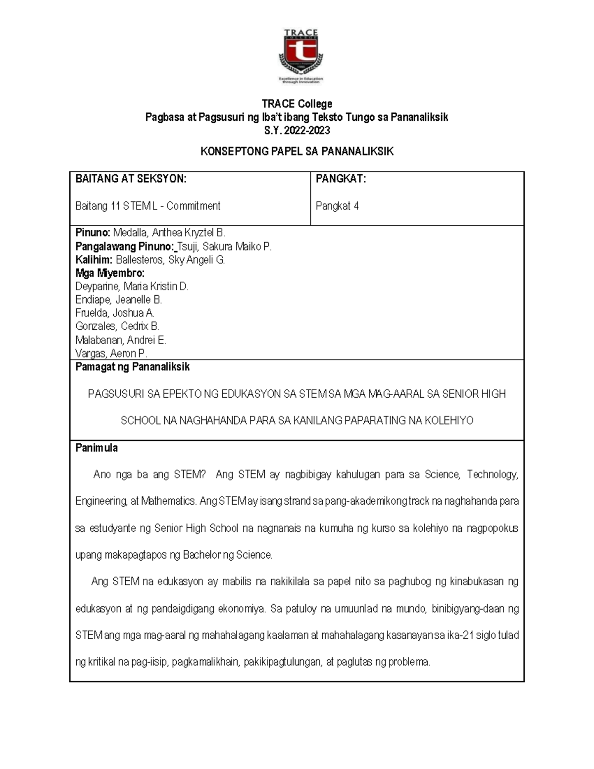 Konseptong- Papel - bse - TRACE College Pagbasa at Pagsusuri ng Iba’t ...