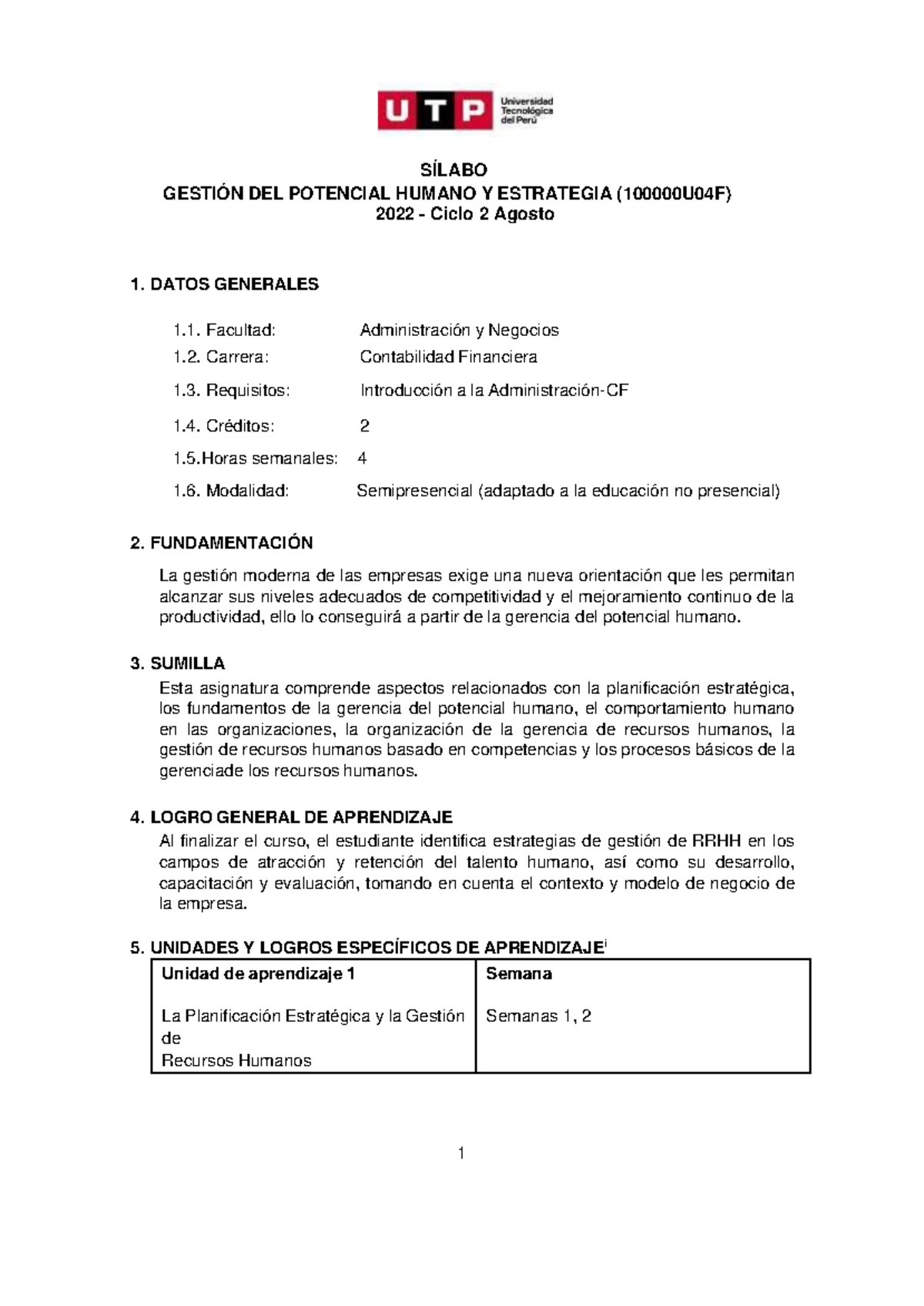 100000 U04F Gestiondel Potencial Humanoy Estrategia - SÍLABO GESTIÓN DEL POTENCIAL HUMANO Y ...