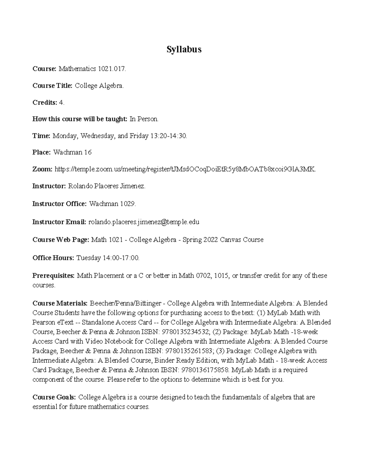 Syllabus - Syllabus Course: Mathematics 1021. Course Title: College ...