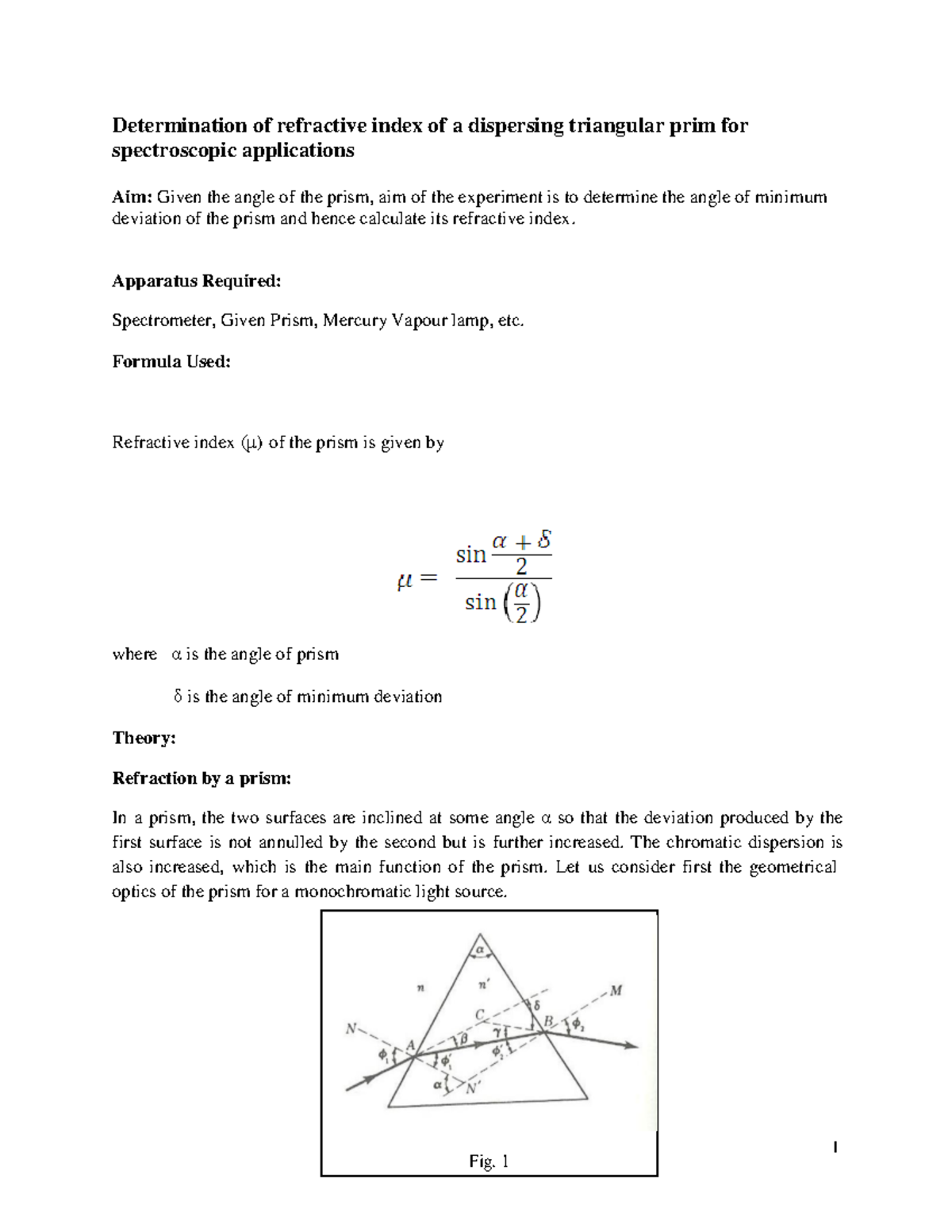 Lab Manual Refractive Index of Prism - Determination of refractive index of a dispersing ...