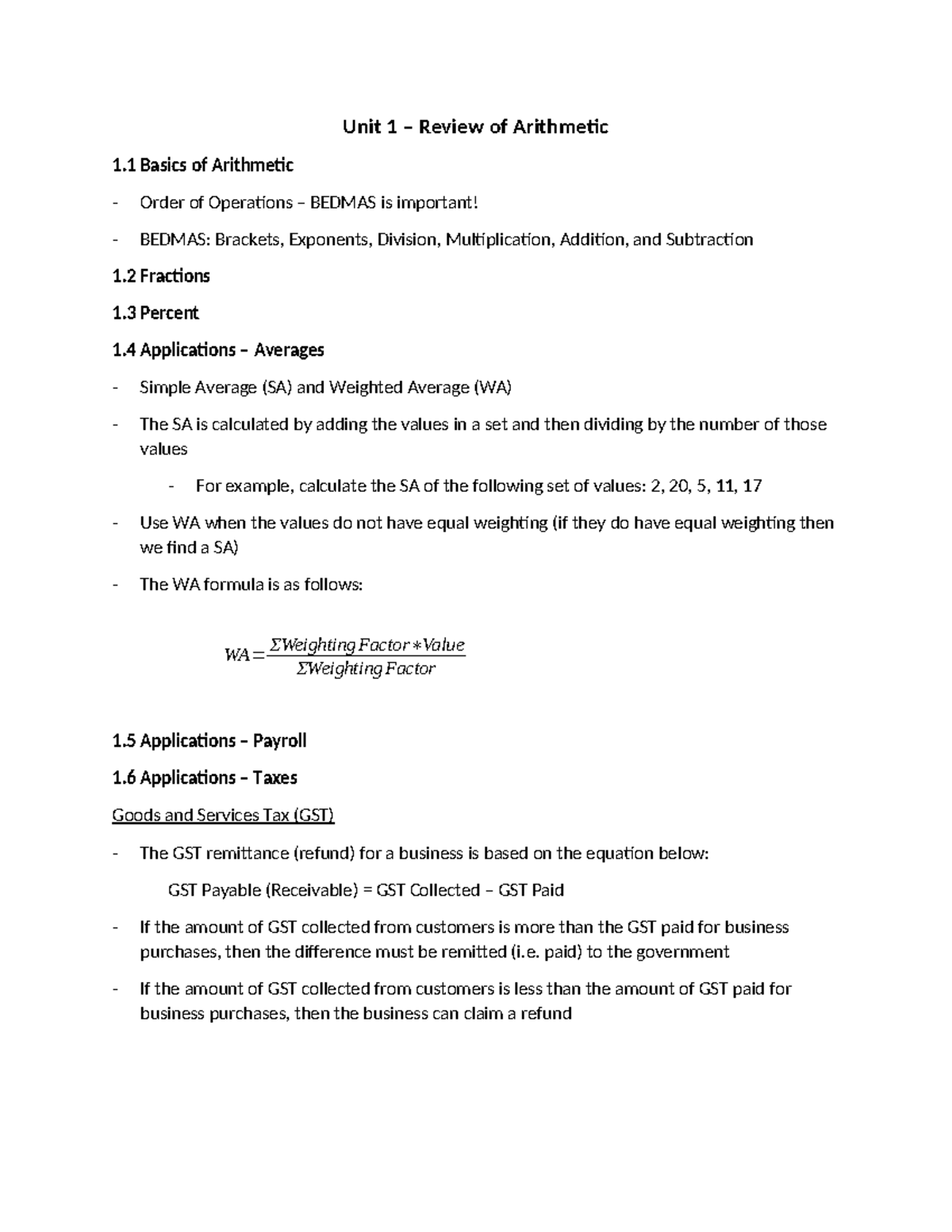 Unit 1 - Review of Arithmetic (13th Edition) V2 - Unit 1 – Review of ...