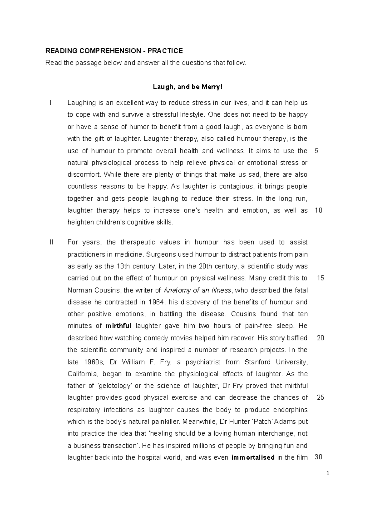 ELC231 Reading Practice Laughter Therapy - READING COMPREHENSION ...