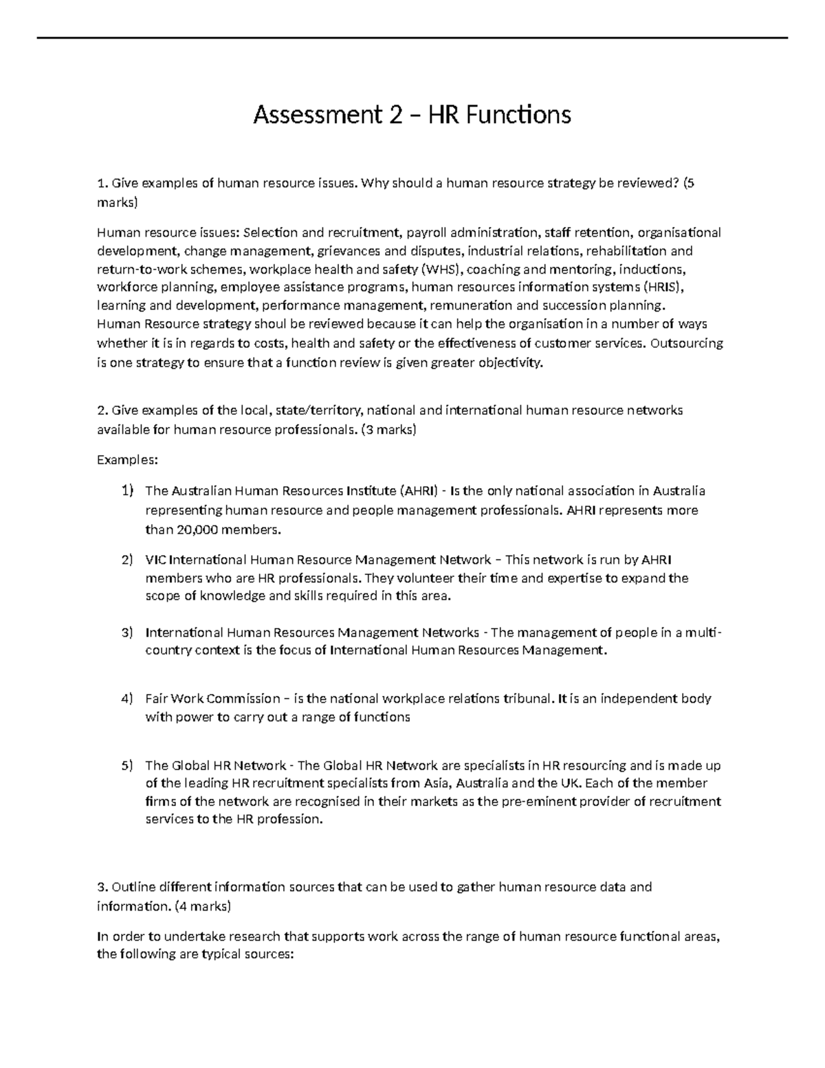 Assessment 2 HR Functions - Assessment 2 – HR Functions Give examples ...