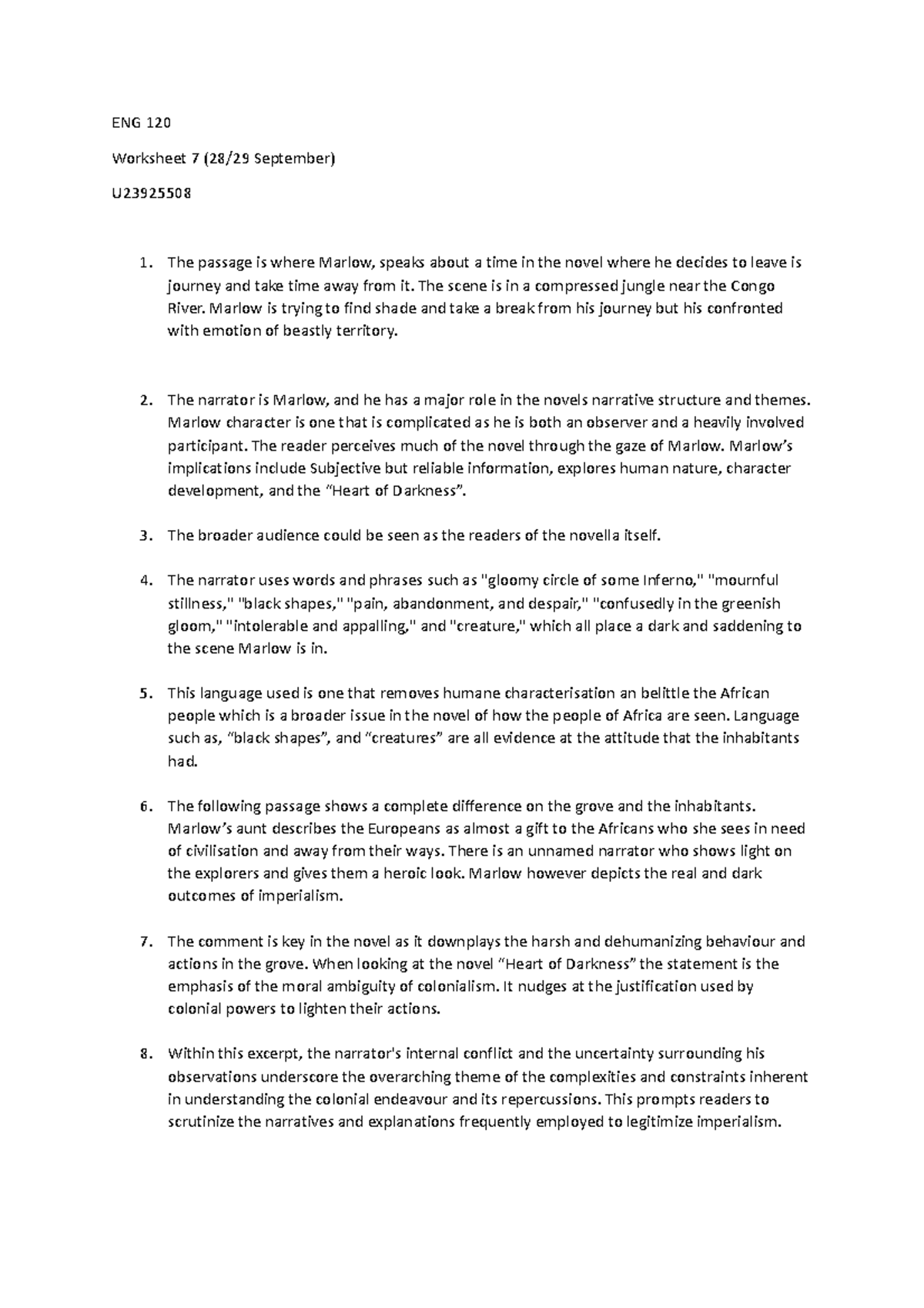 ENG 120 Worksheet 7 - ENG 120 Worksheet 7 (28/29 September) U 1. The ...